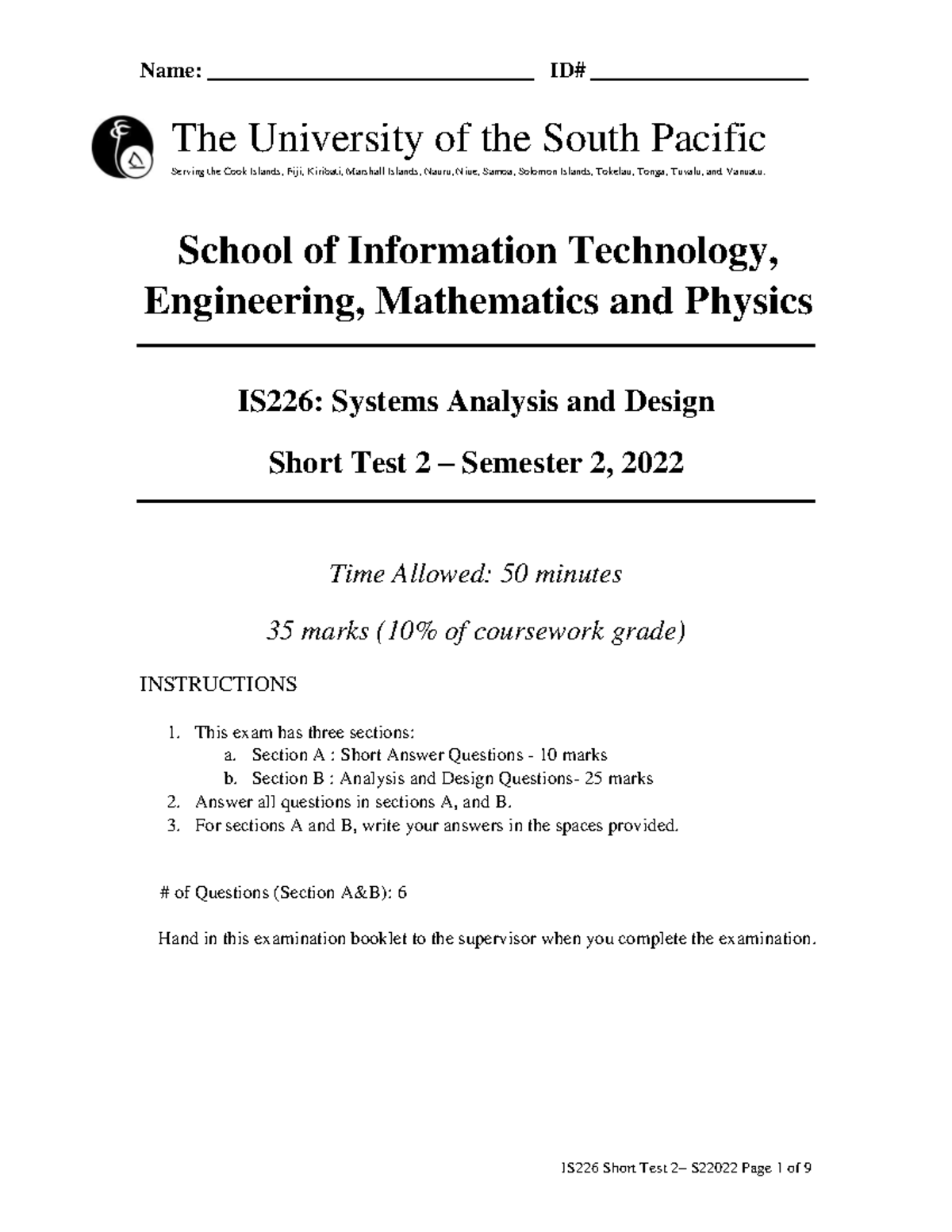 IS226 - Short Test 2 S22022 - Solutions - The University of the South ...