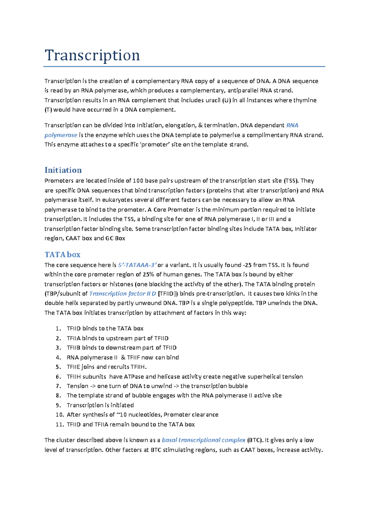 DNA - Transcription - Summary Biochemistry - Transcription ...