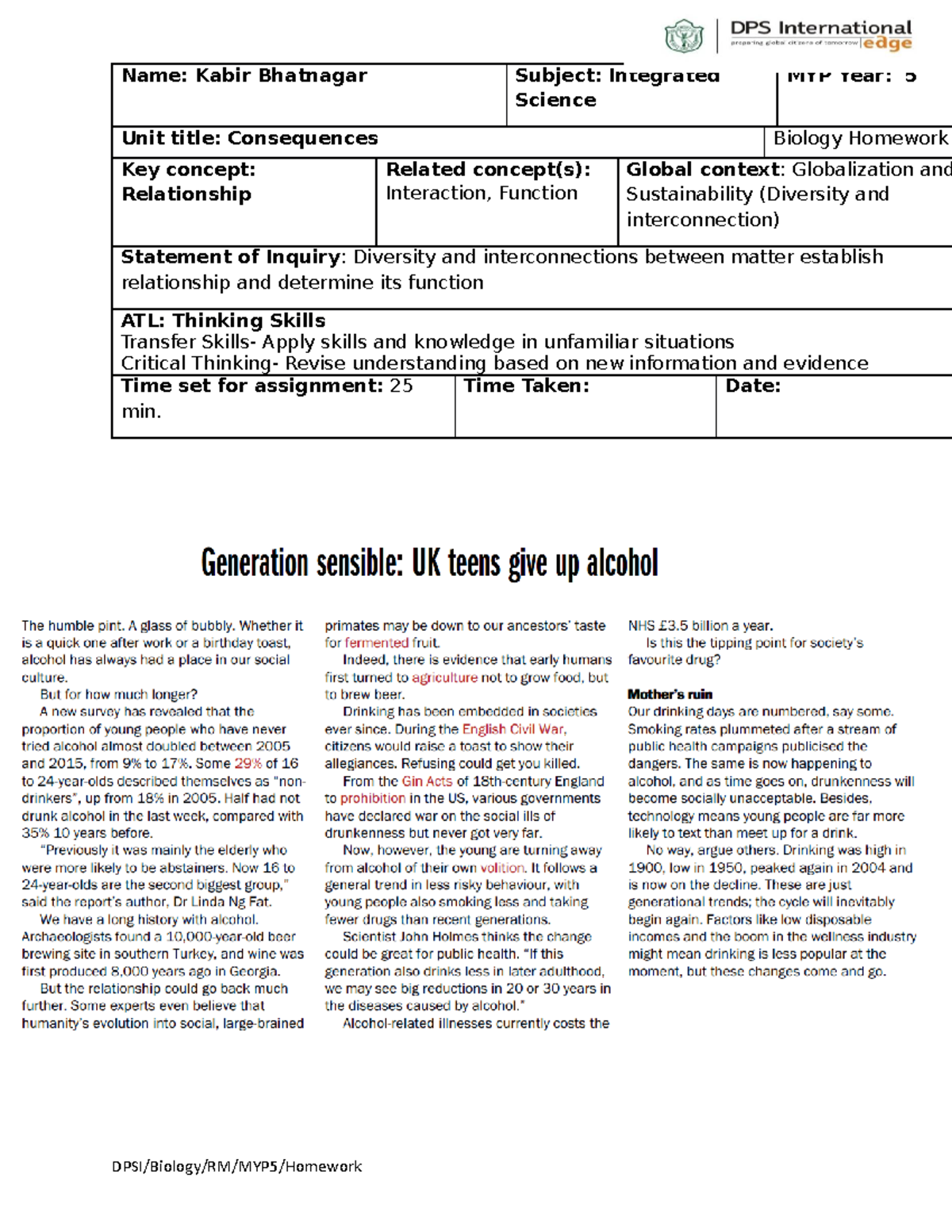 WEEK 4 MYP 5 Bio HW - NOT APPLICABLE - Name: Kabir Bhatnagar Subject ...