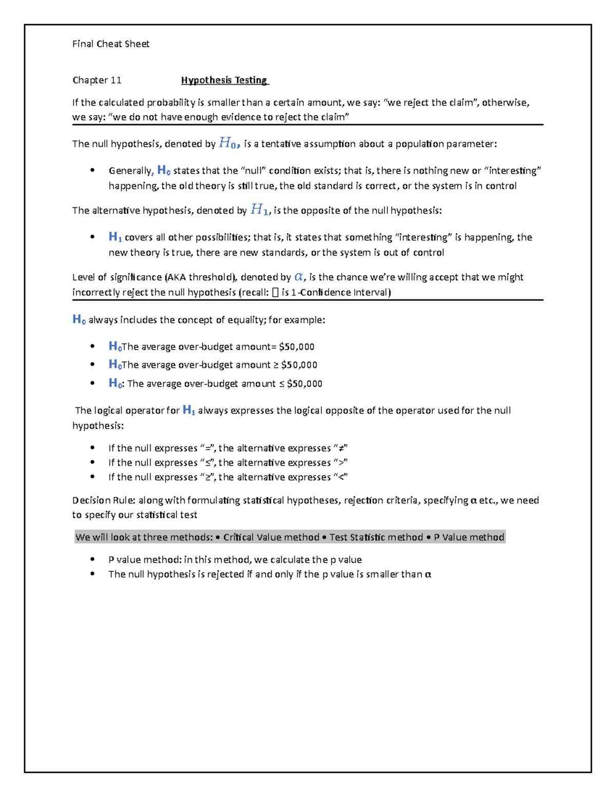 Chapter 11 Cheat Sheet - Final Cheat Sheet Chapter 11 Hypothesis ...
