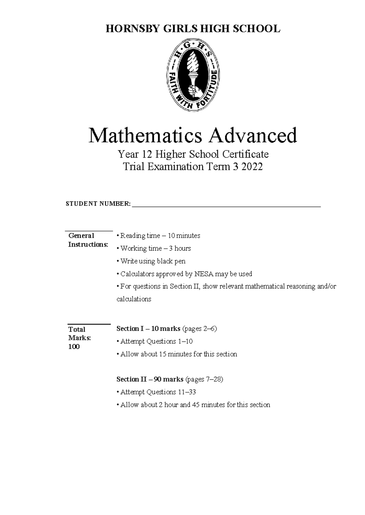 2022 Hornsby Girls High School - Adv - Trial - Questions - HORNSBY ...
