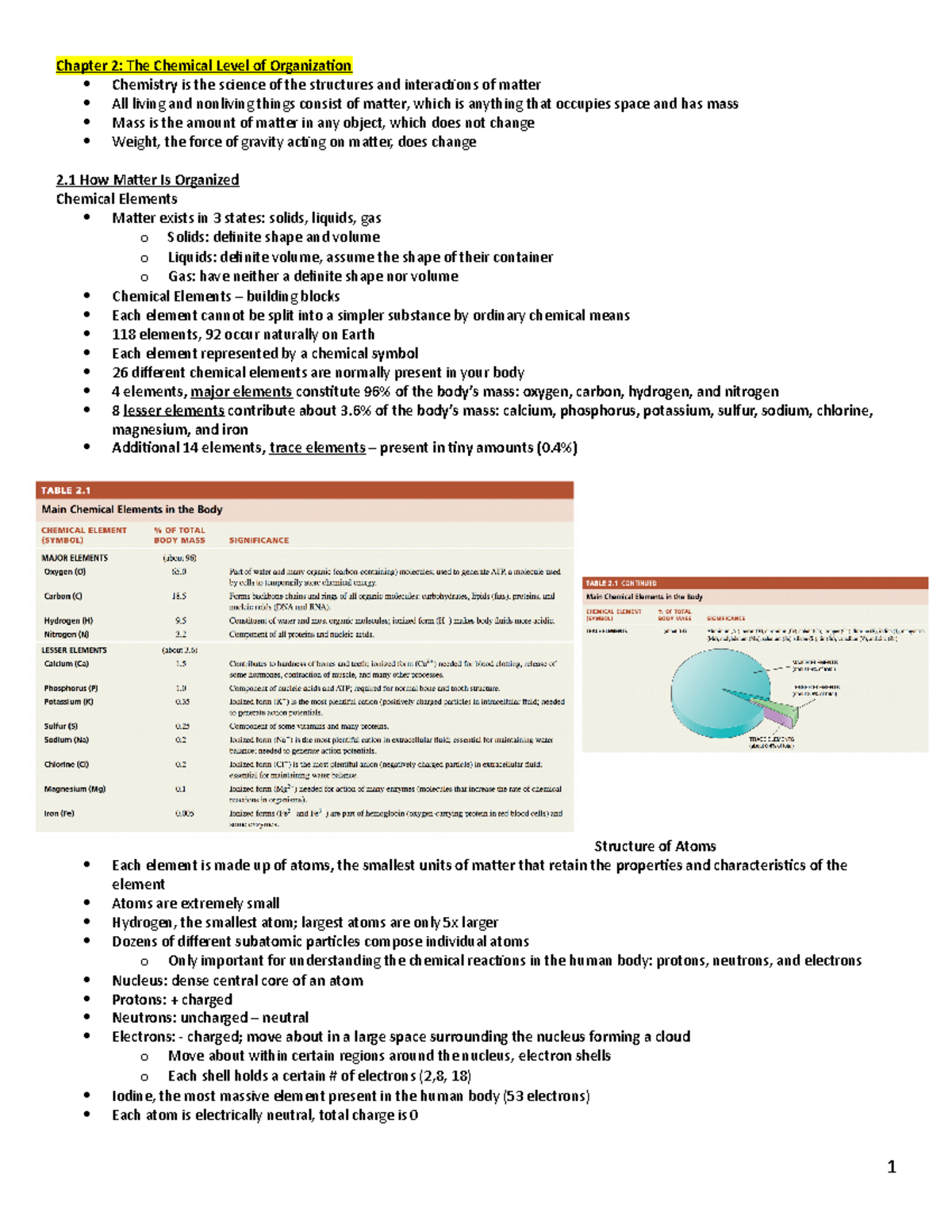 Docx-15 - anatomy and physiology notes for chapter 2 - Chapter 2: The ...