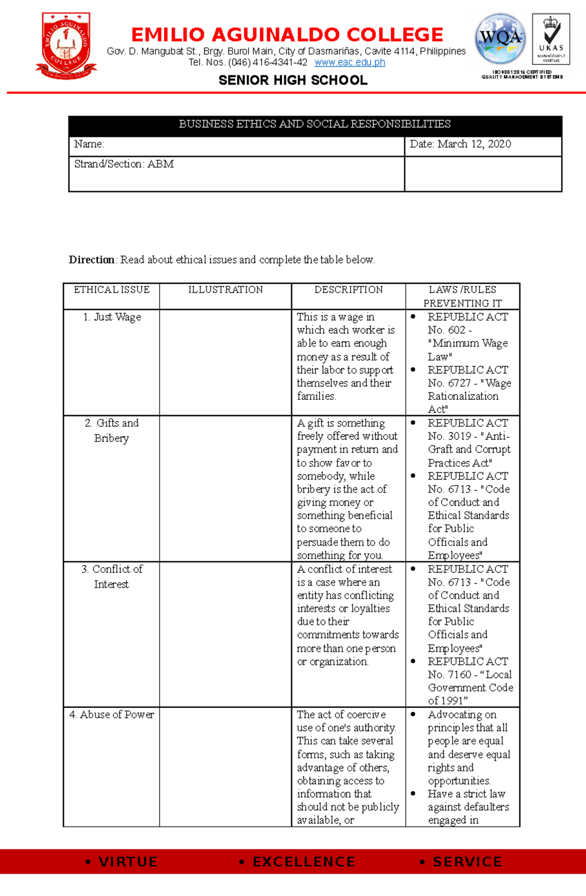 Business Ethics and Social Responsibility - Activity - SENIOR HIGH ...