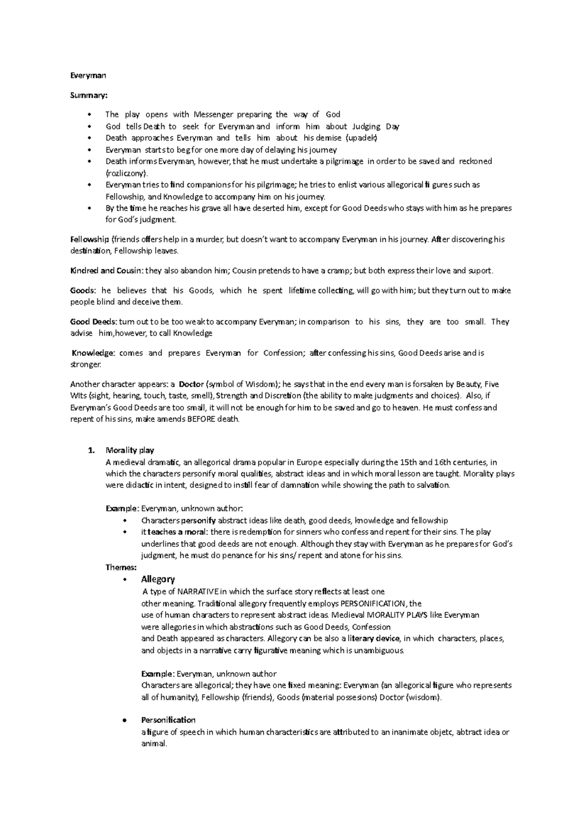 Everyman - notes for 1BA students ( 1st term) - Everyman Summary: The ...