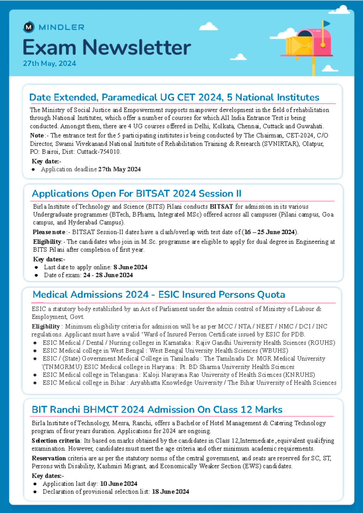 Mindler Exam Newsletter 27th May, 2024 - 27th May, 2024 Date Extended ...