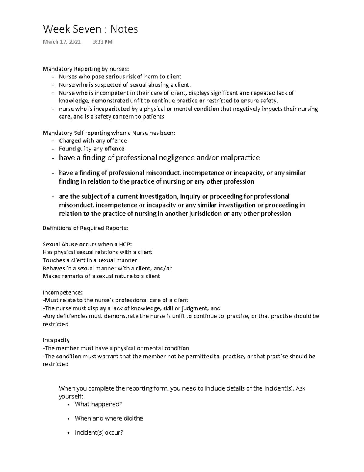 Week seven notes - Mandatory Reporting by nurses: - Nurses who pose ...
