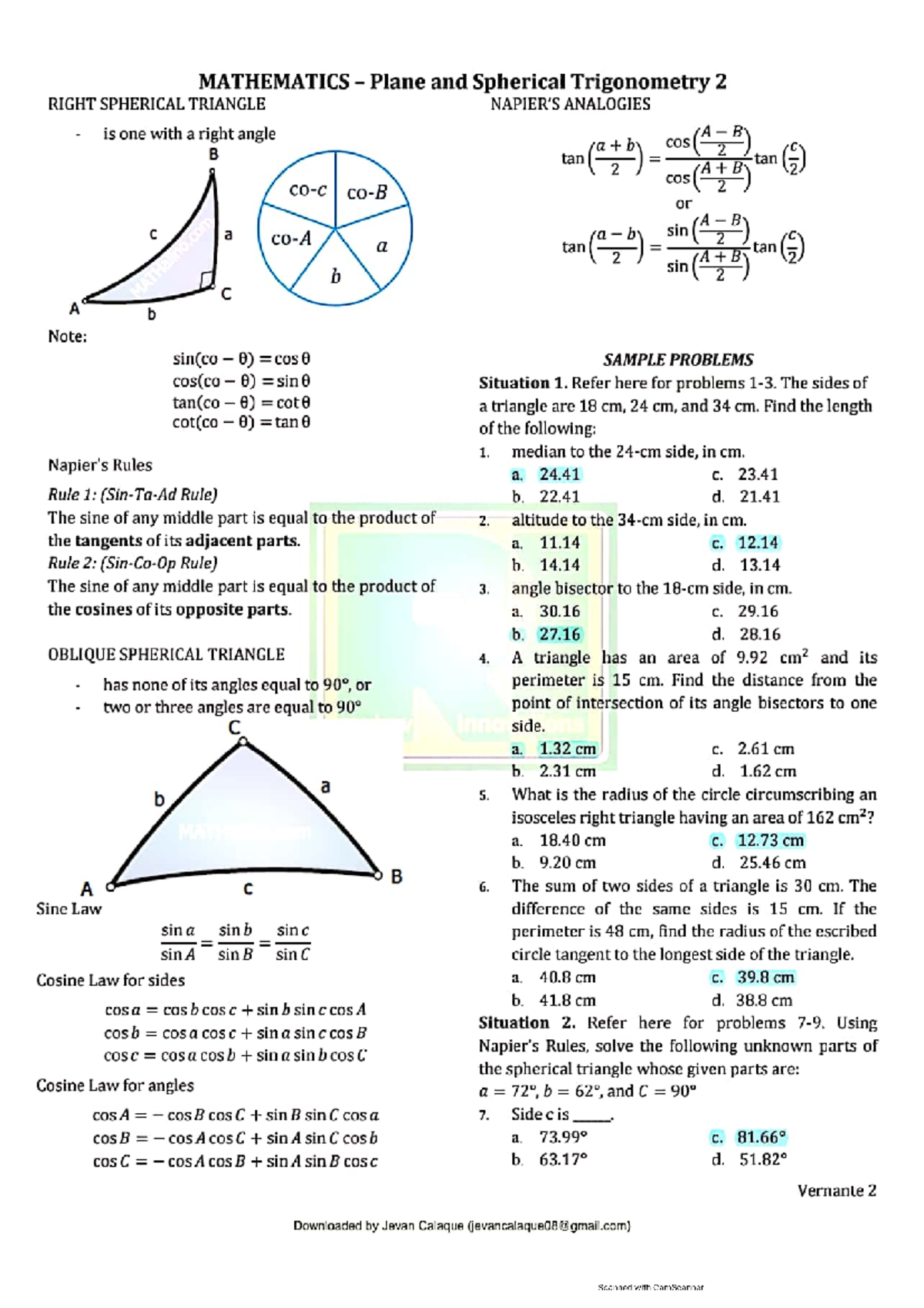 Plane and Spherical Trigonometry handouts - Electrical Systems And ...