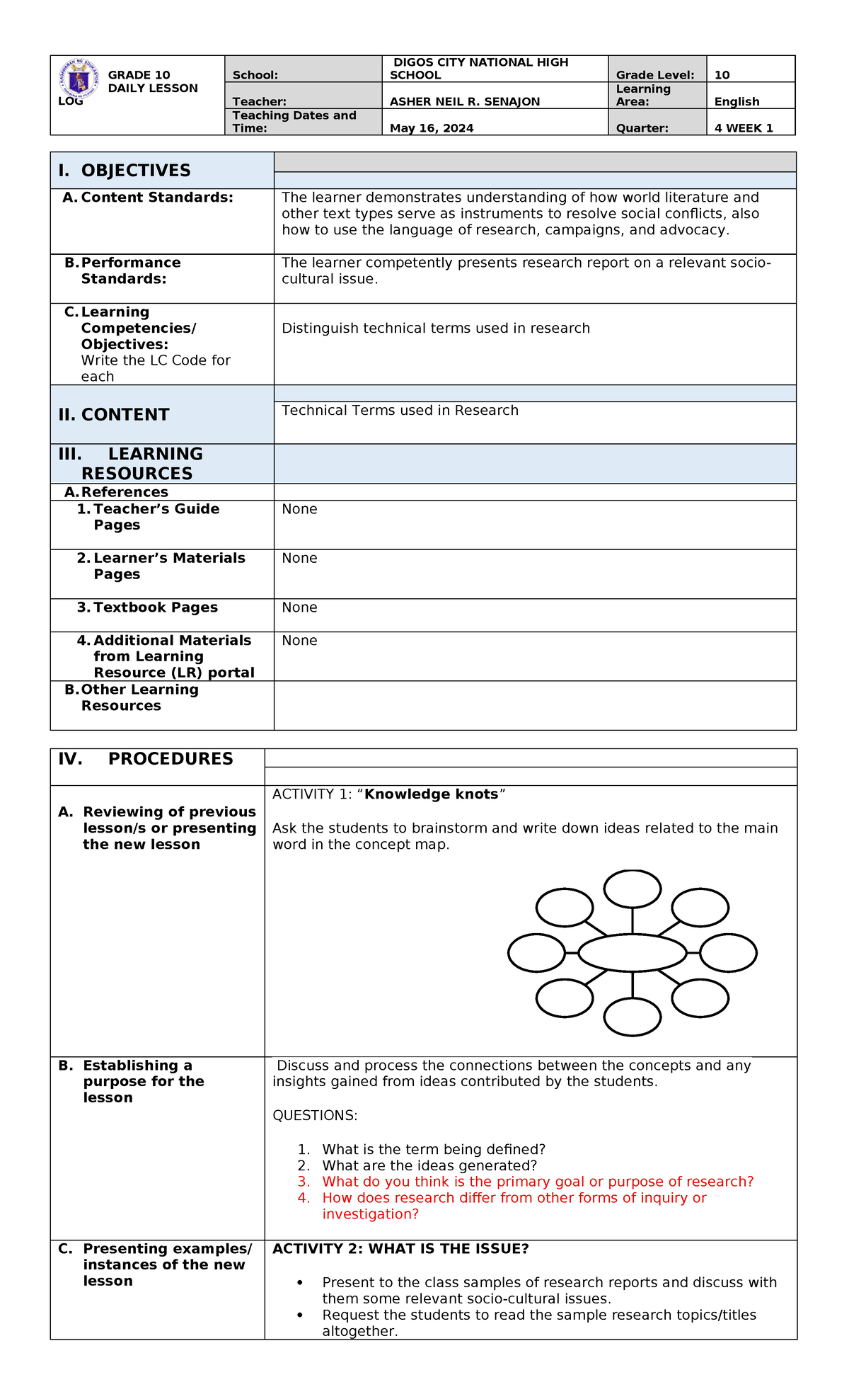 COT 4 - Lesson PLAN-BAM - FOR REFERENCE PURPOSES - ####### GRADE 10 ...
