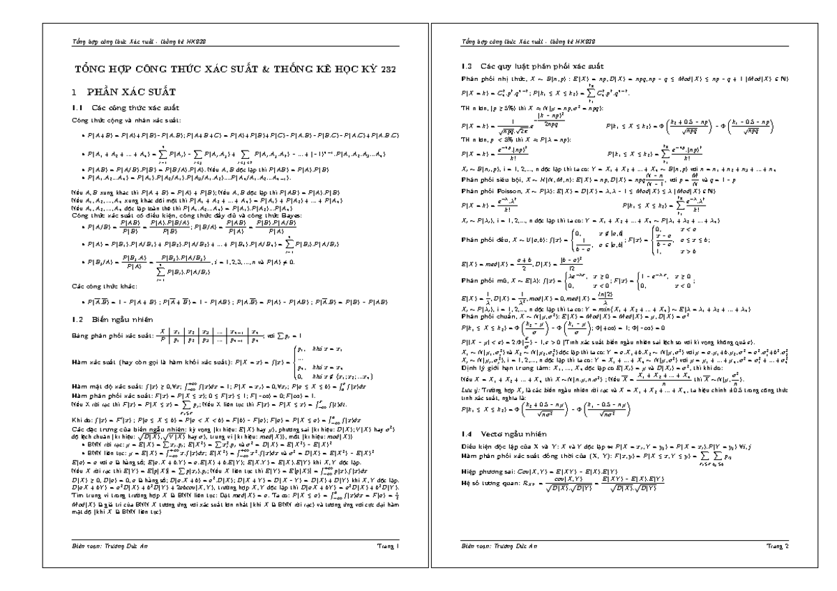 TONG HOP CONG THUC 232 - abc - T NG H—P CÔNG THŸC XÁC SUáT & TH»NG KÊ H≈C K› 232 1 PHÜN XÁC SUáT ...