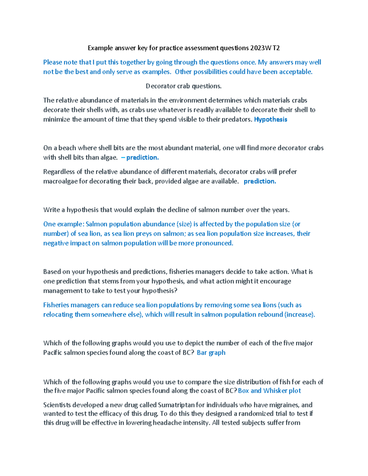 Practice assesment question Answer guide-1 - Example answer key for ...