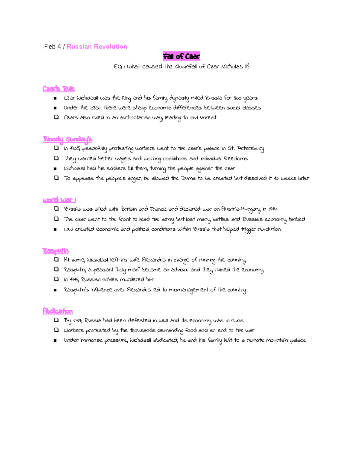 History Digital Notes - Assignment - Feb 4 / Russian Revolution Fall of ...