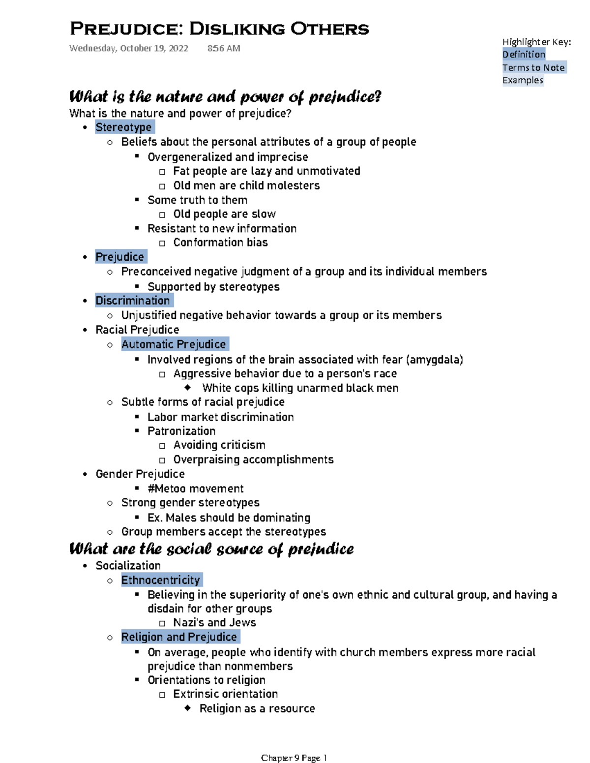 Chapter 9 Prejudice - Highlighter Key: Definition Terms to Note ...