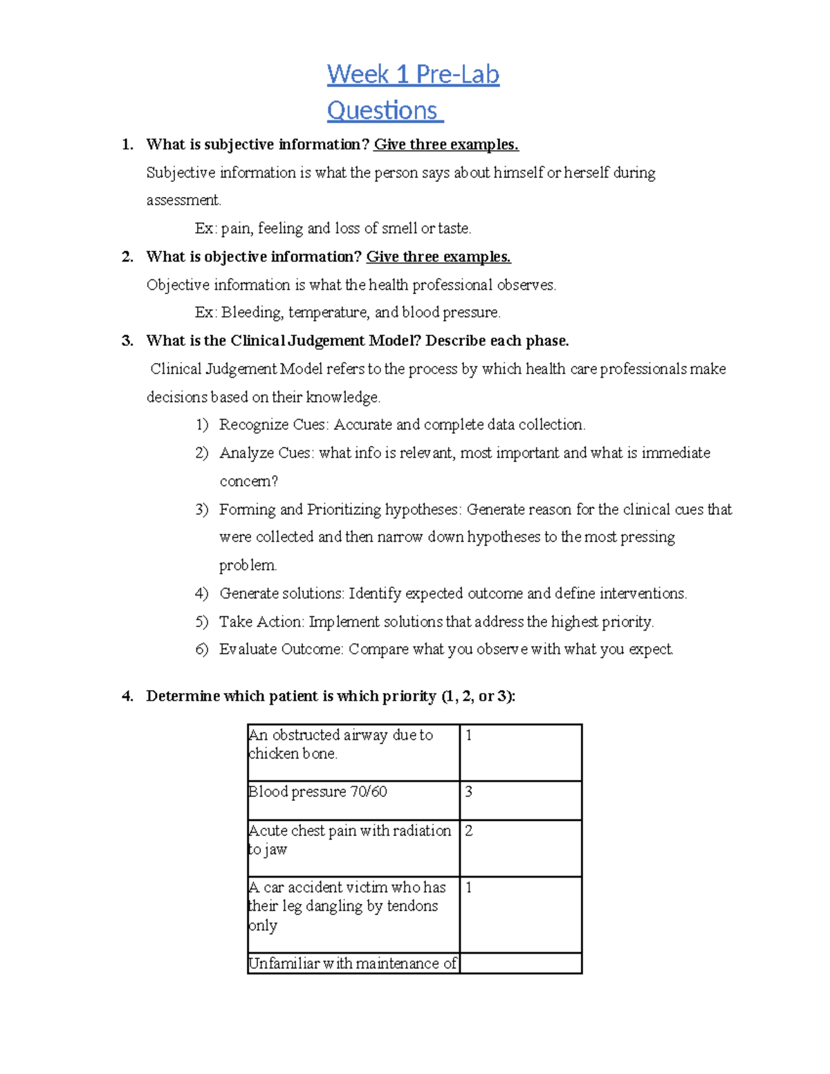 Week 1 Pre-Lab Questions - 1. What is subjective information? Give ...