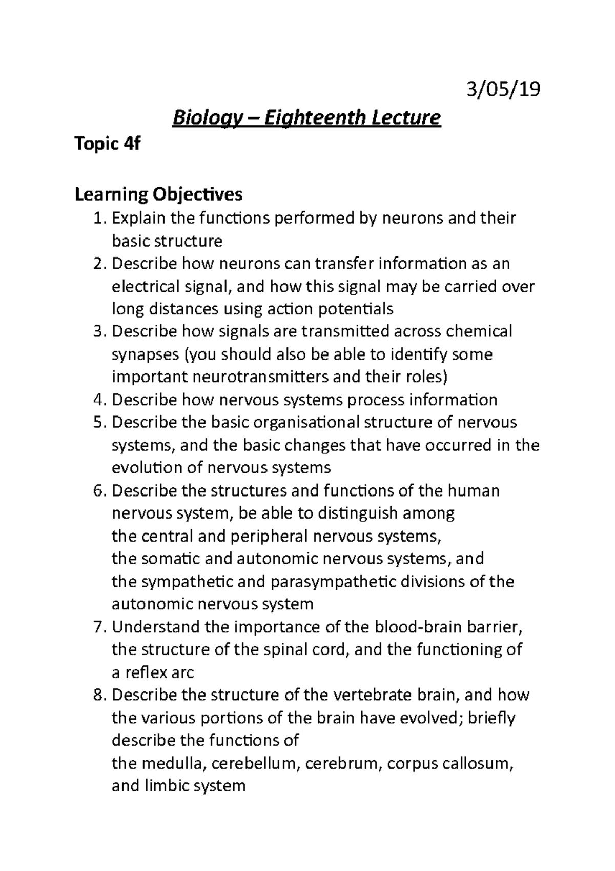 Bio Eighteenth Lecture - 3/05/ Biology – Eighteenth Lecture Topic 4f ...