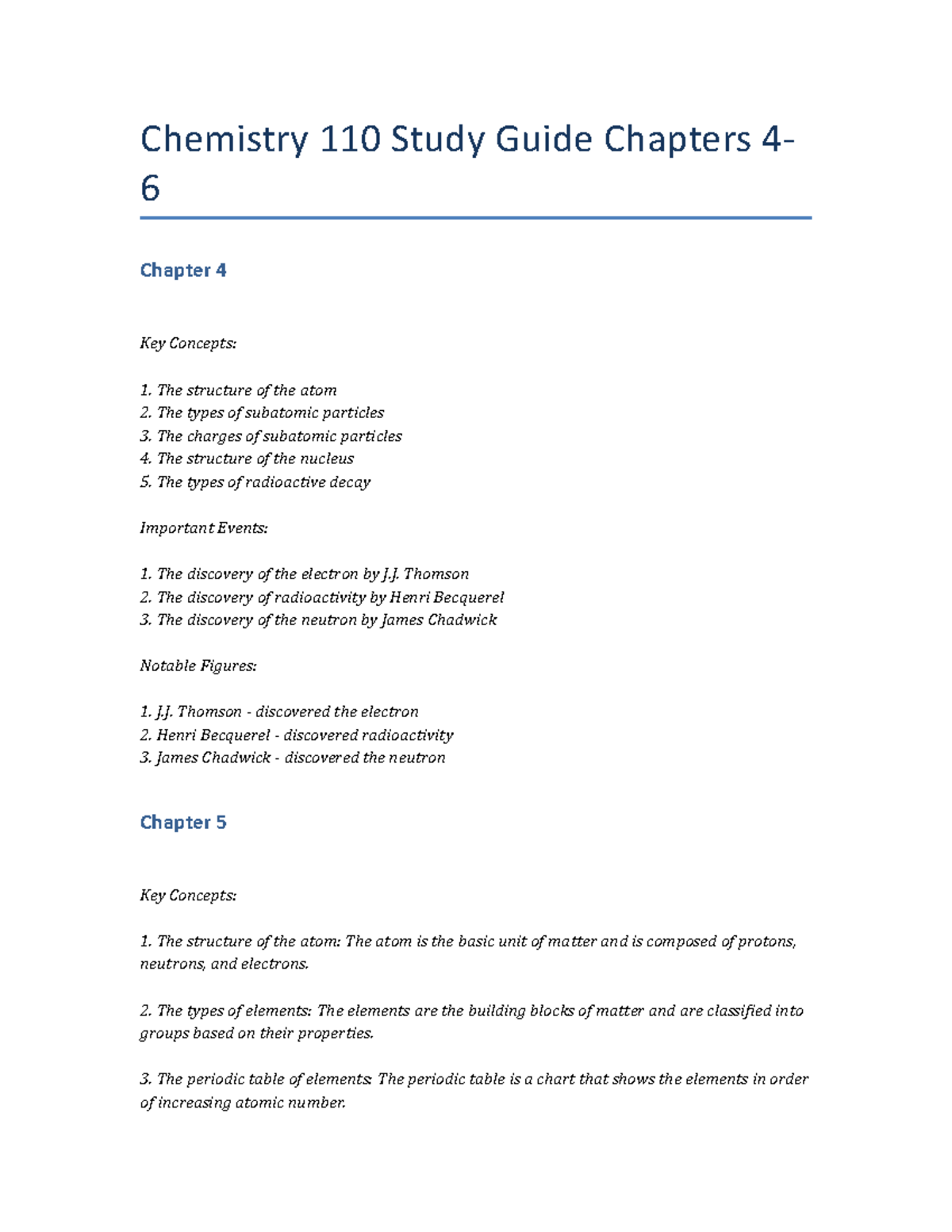 Chemistry 110 Study Guide Chapters 4-6 - Thomson The discovery of radioactivity by Henri ...