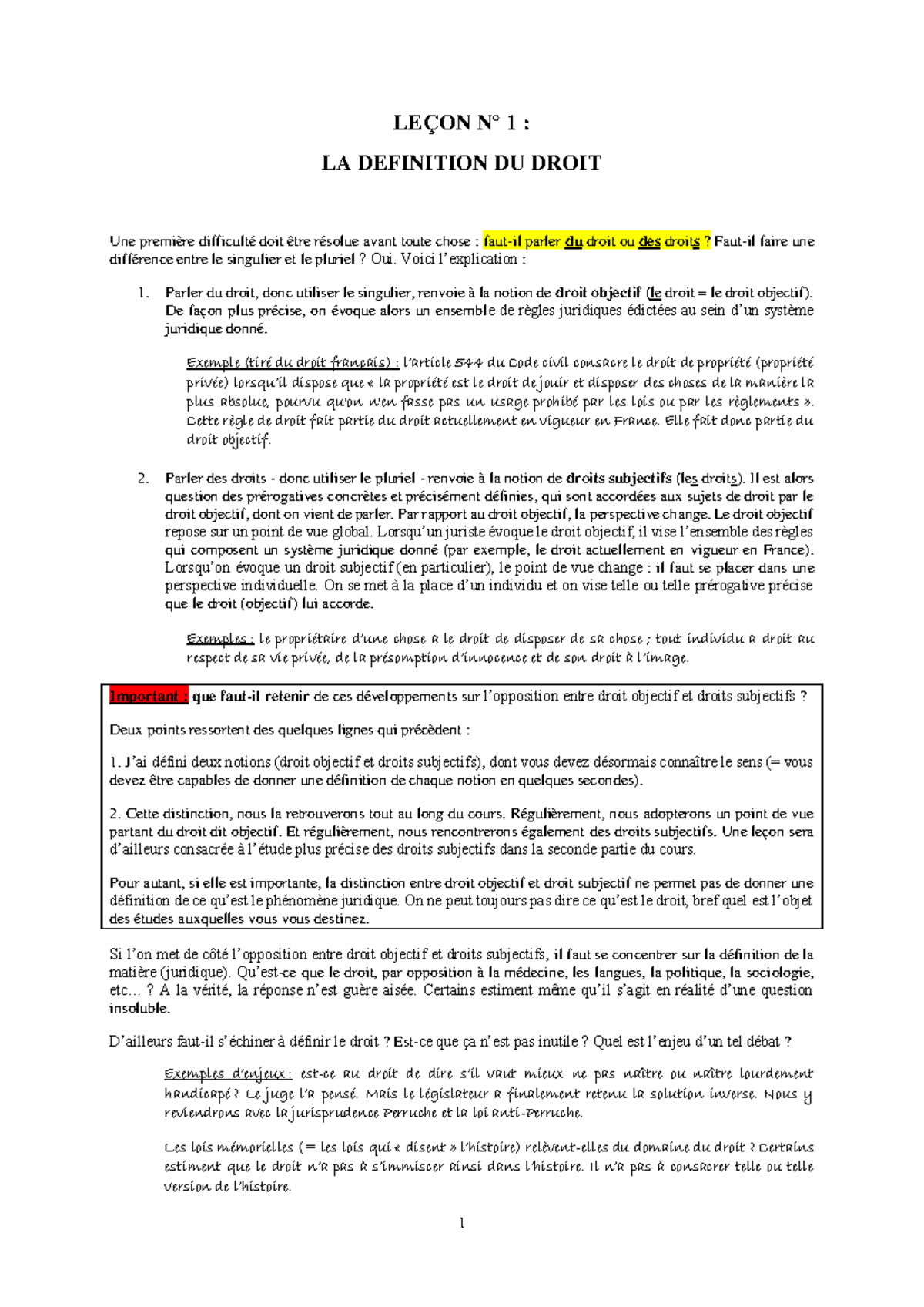 Leçon 1 - La définition du droit - LEÇON N° 1 : LA DEFINITION DU DROIT ...