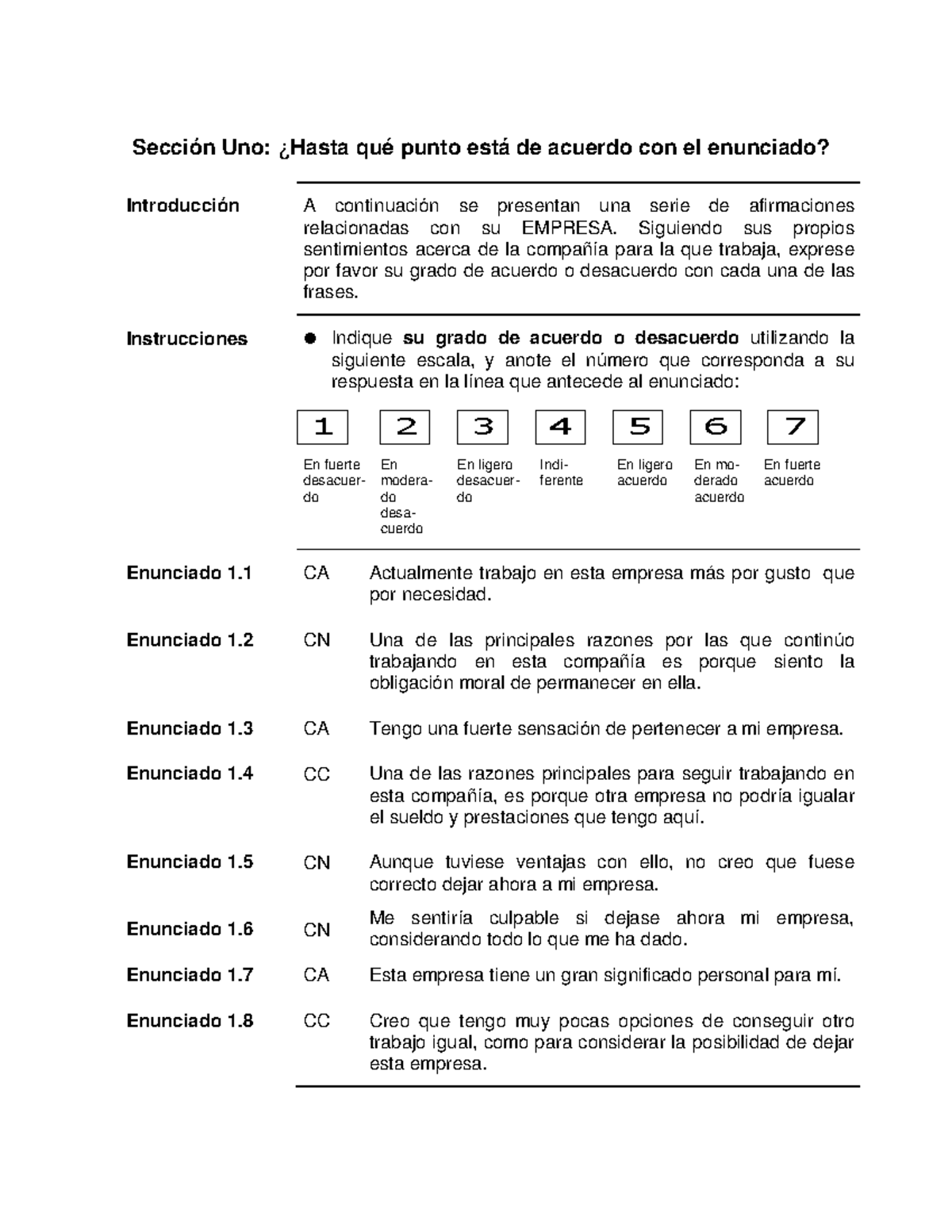 Cuestionario DE Compromiso Organizacional - Sección Uno: ¿Hasta qué ...