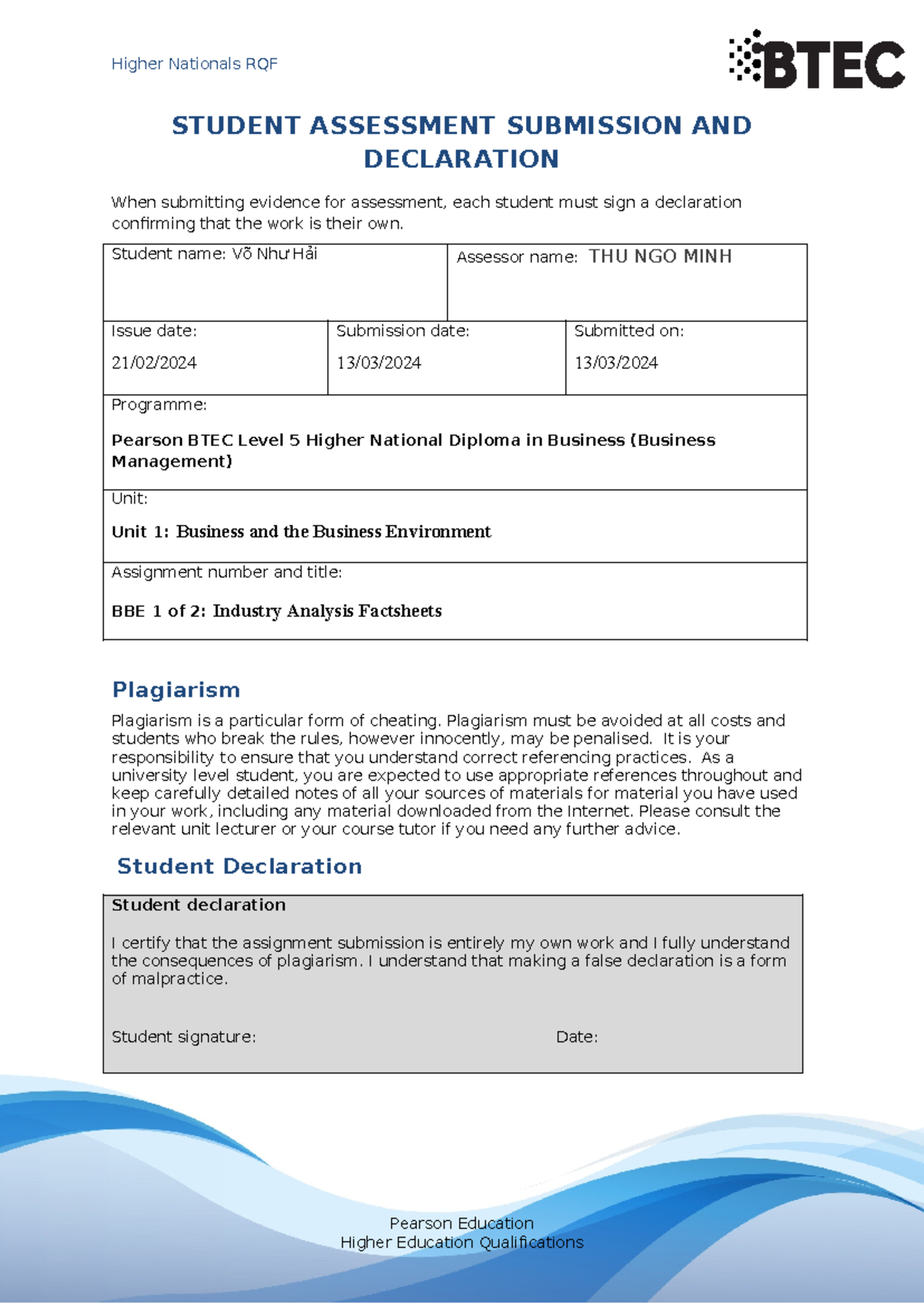 Unit-3-HRM-Submission Form 1-of-2- Full-Name-Nick-Name - Higher Nationals RQF STUDENT ASSESSMENT ...