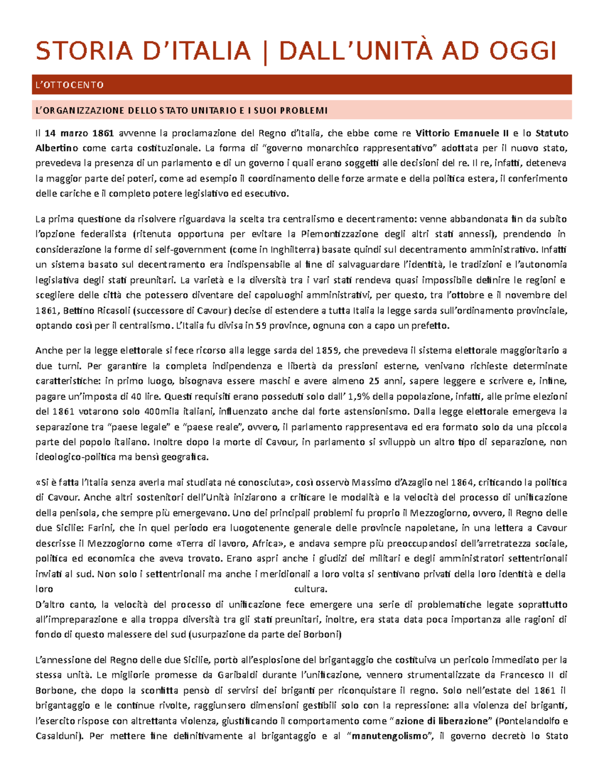 Storia d'italia - STORIA AD OGGI DELLO STATO UNITARIO E I SUOI PROBLEMI ...