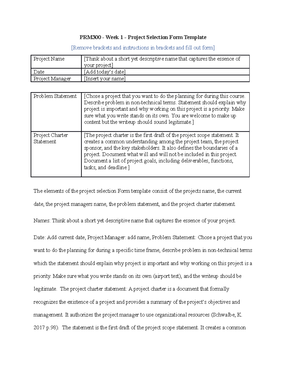 PRM300 Week 1 Project Selection Form Template - PRM300 - Week 1 ...