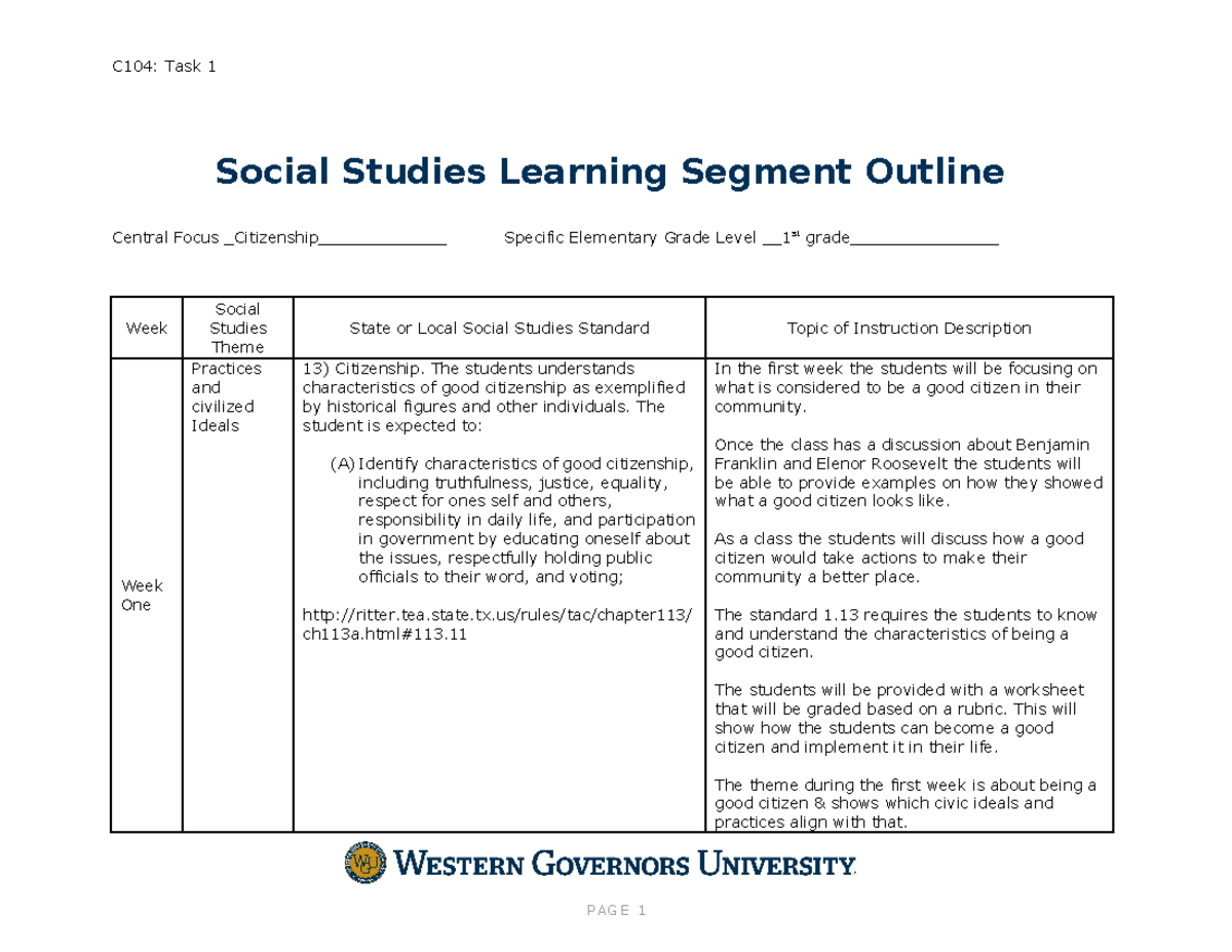 C104 Social Studies Learning Segment - C104: Task 1 Social Studies ...