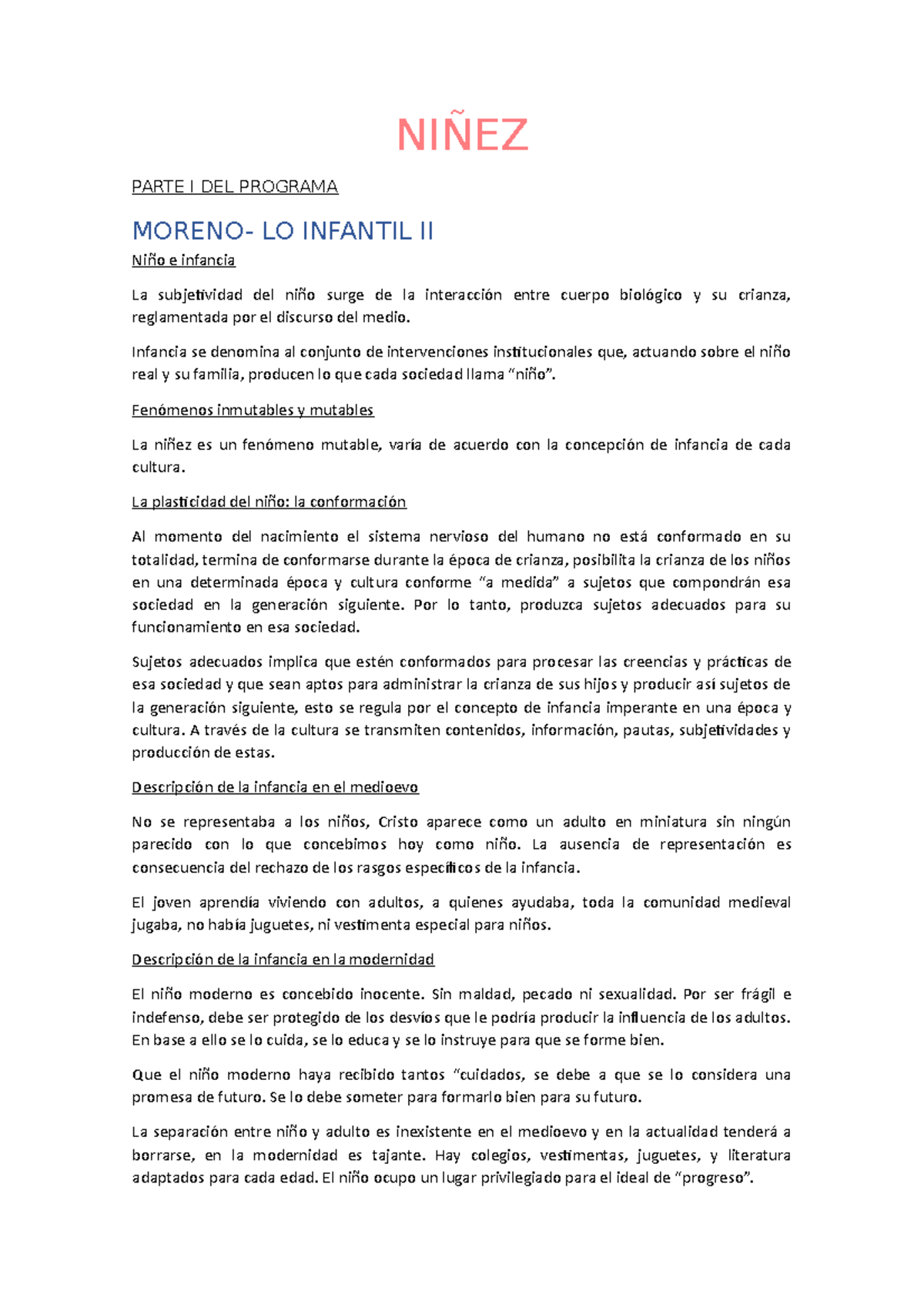 Niñez, resumen final 1 - NIÑEZ PARTE I DEL PROGRAMA MORENO- LO INFANTIL ...