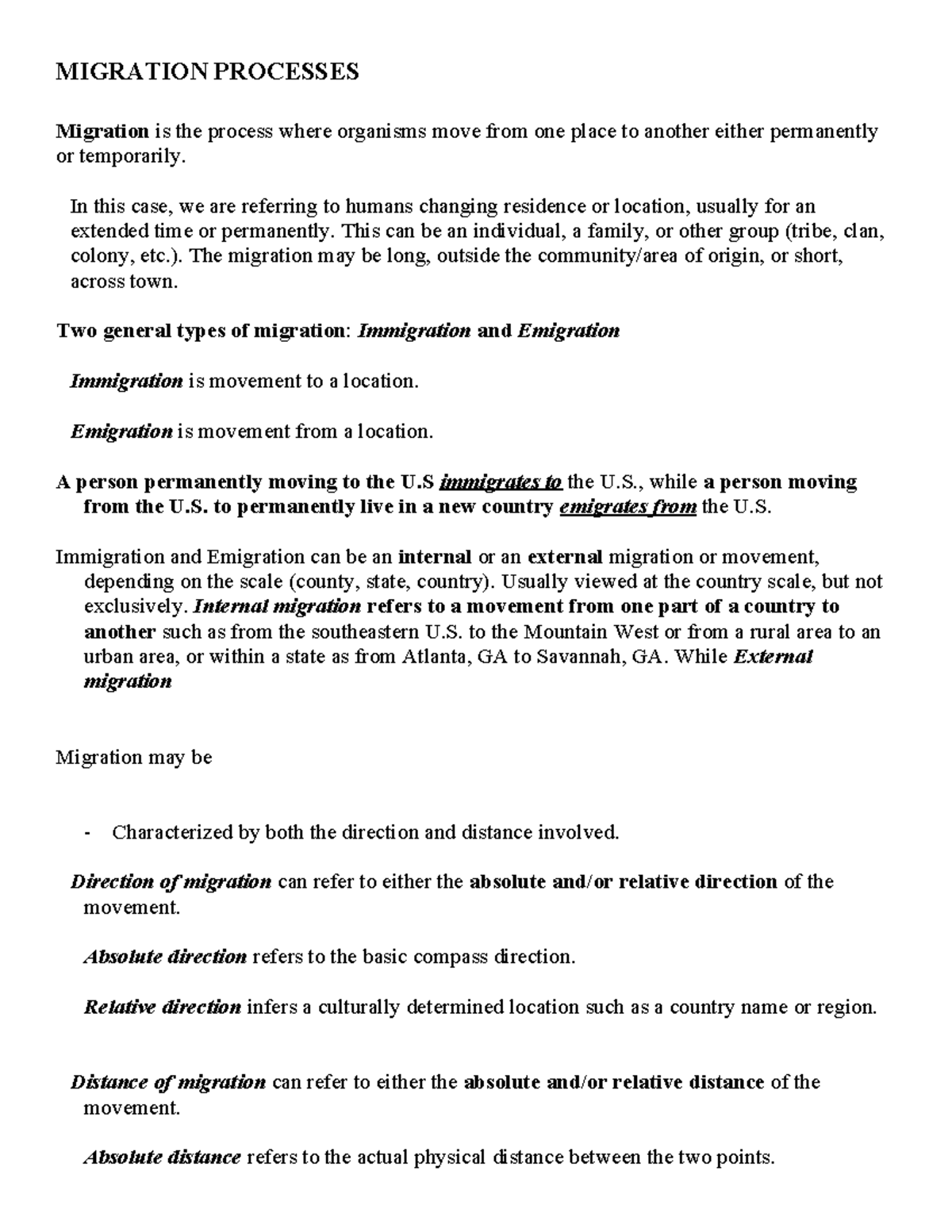 Lecture 7 Migration Notes - MIGRATION PROCESSES Migration is the ...