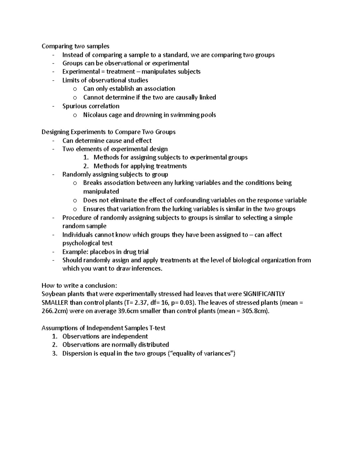 STAT EXAM Notes - Comparing two samples - Instead of comparing a sample ...