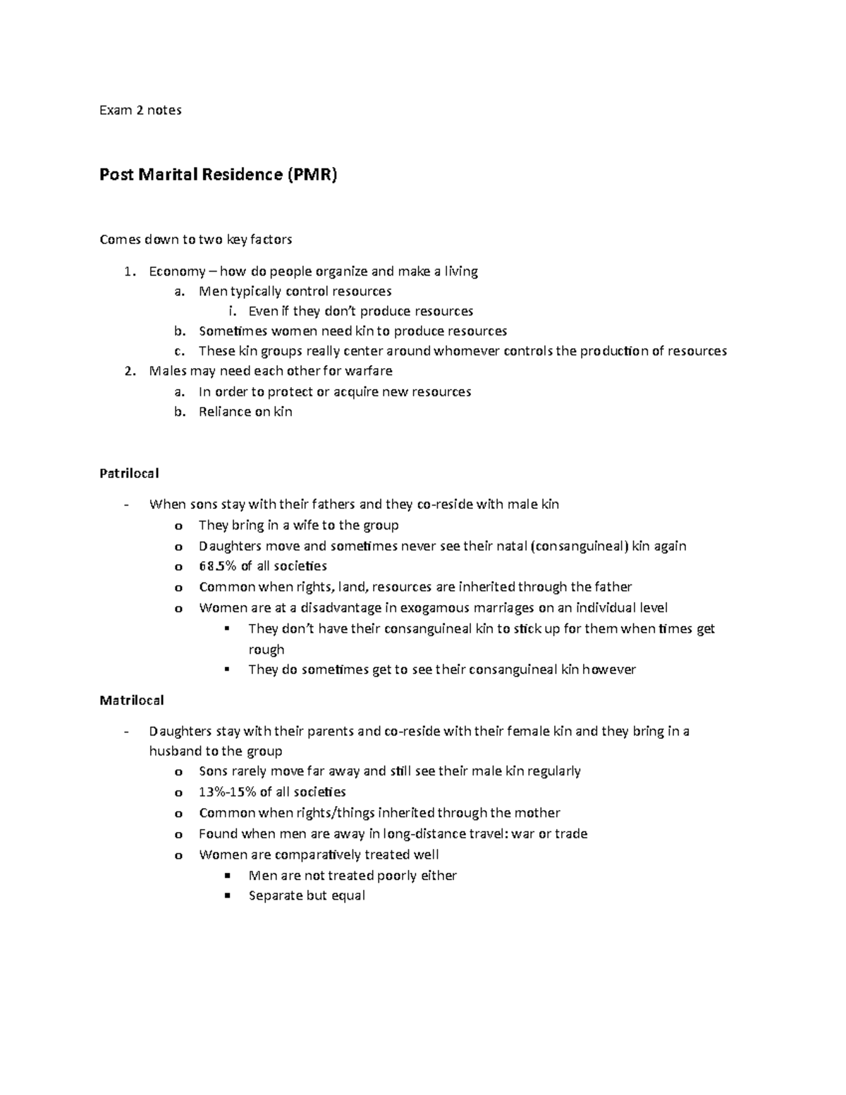 Anthropology of the Family - Exam 2 notes Post Marital Residence (PMR ...