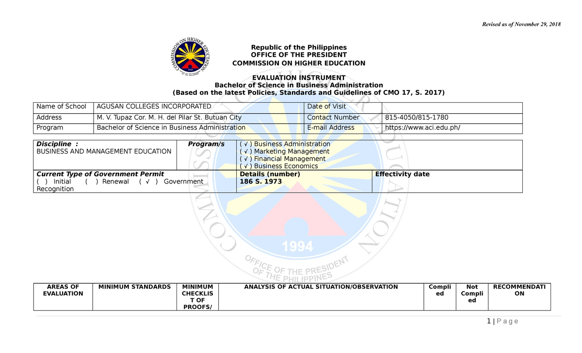 BSBA Self Assessment Monitoring - Republic of the Philippines OFFICE OF THE PRESIDENT COMMISSION ...