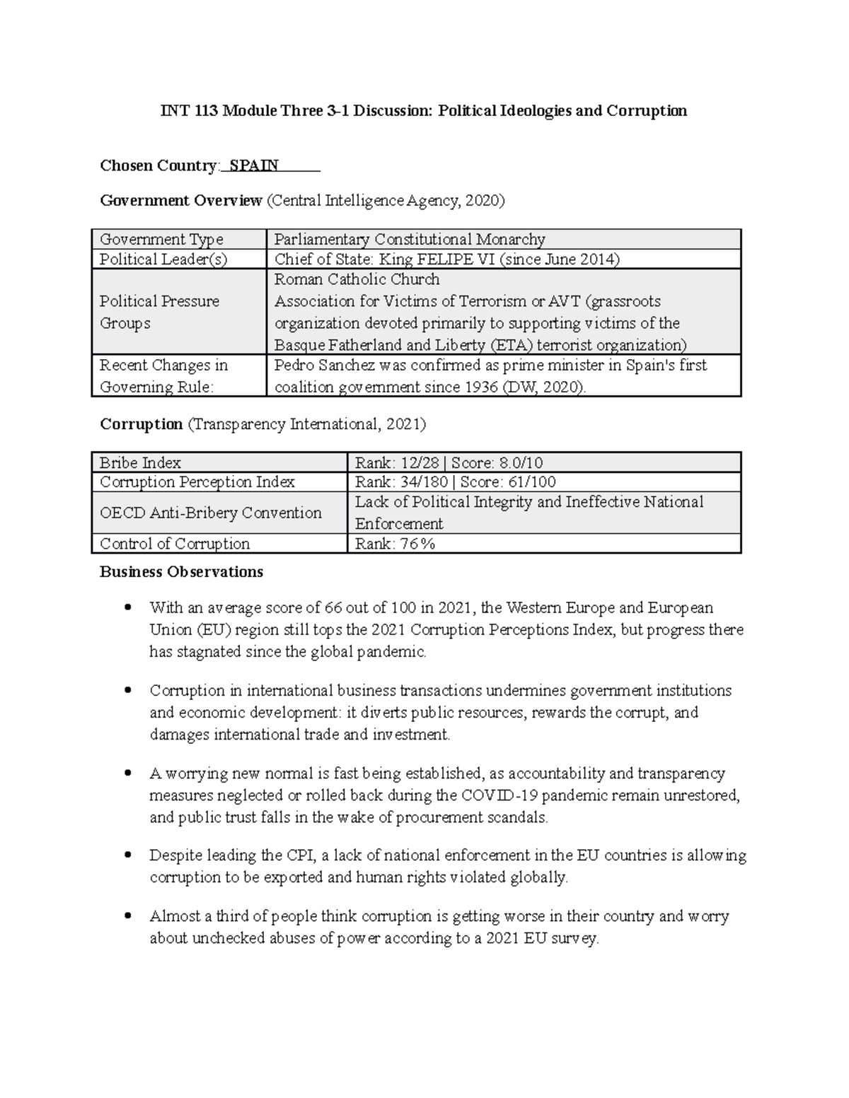 INT113 3-1 Discussion - INT 113 Module Three 3-1 Discussion: Political ...