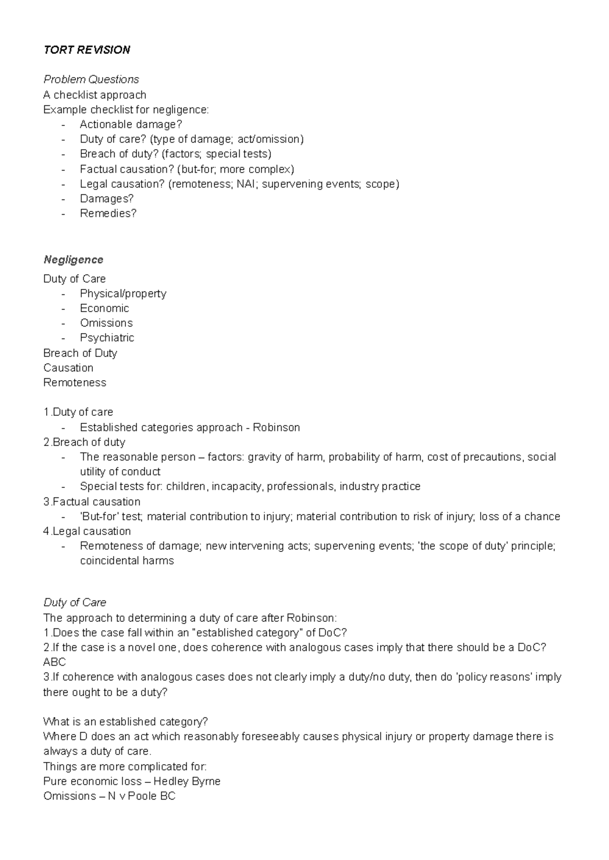 TORT Revision - TORT REVISION Problem Questions A checklist approach ...