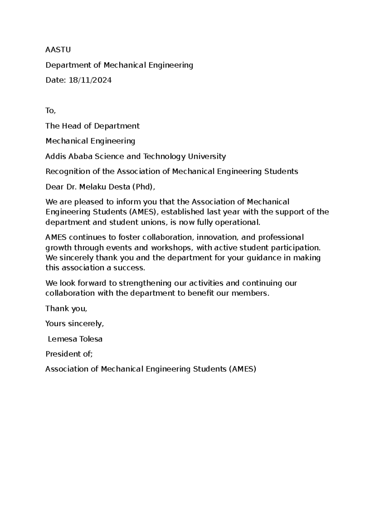 Lemi - Provided, report - AASTU Department of Mechanical Engineering ...