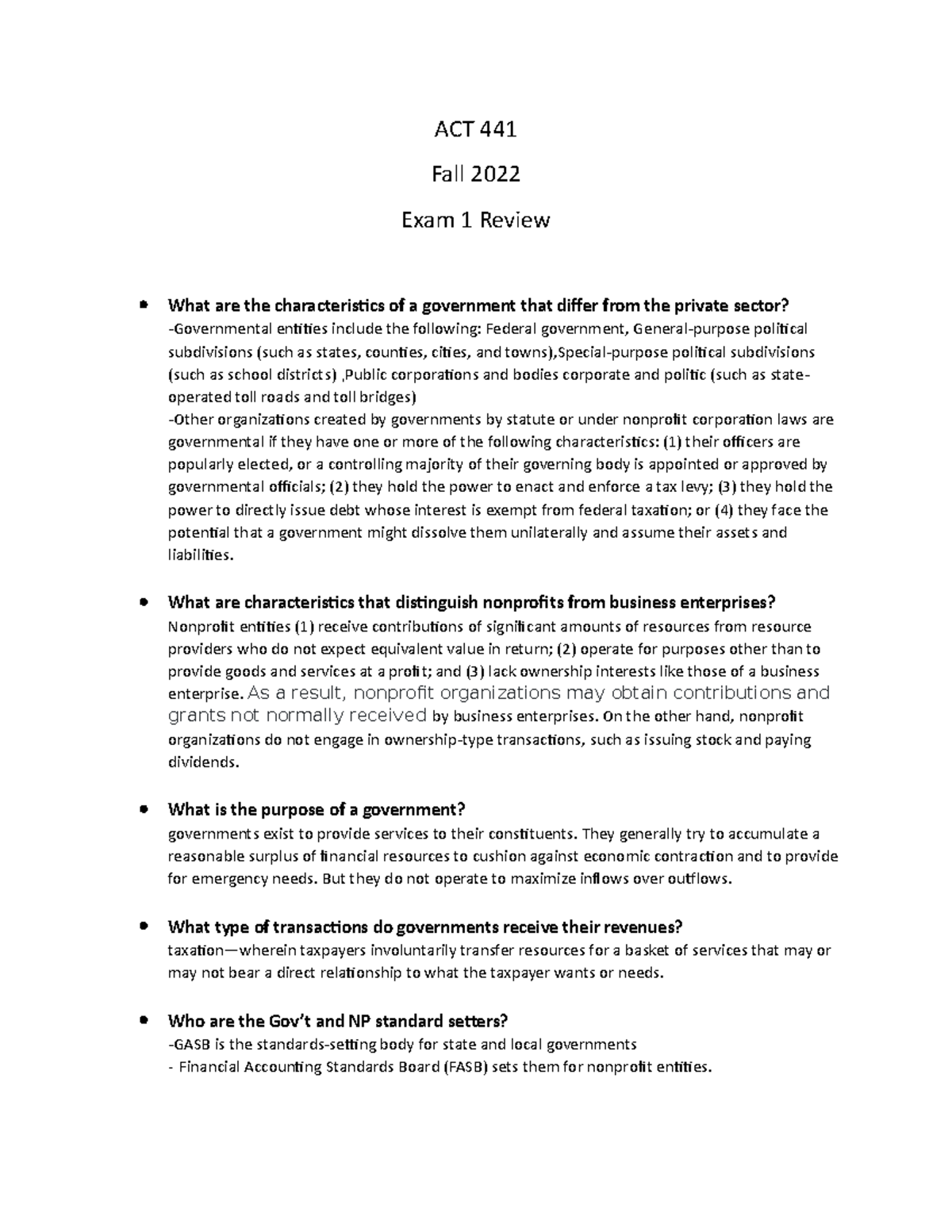 ACT 441 Exam I Review - ACT 441 Fall 2022 Exam 1 Review What are the ...