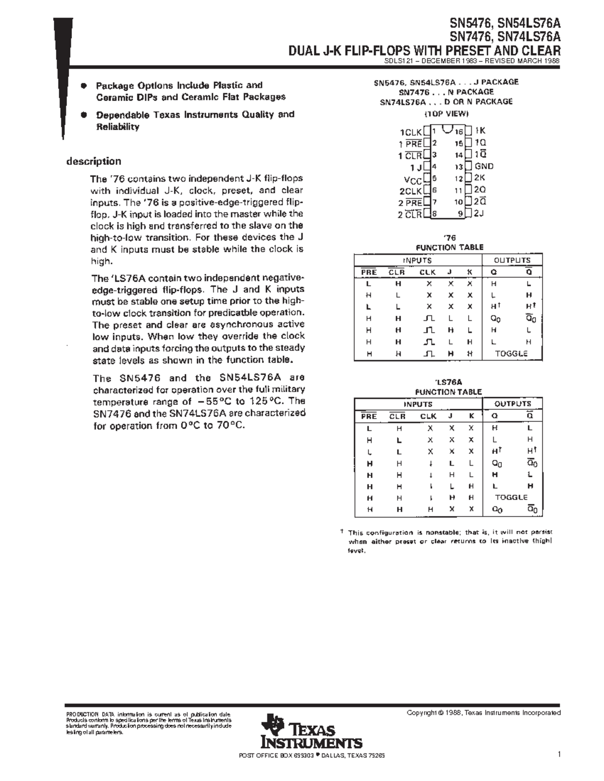 Sn54ls76a - N/A - SN5476, SN54LS76A SN7476, SN74LS76A DUAL J-K FLIP ...