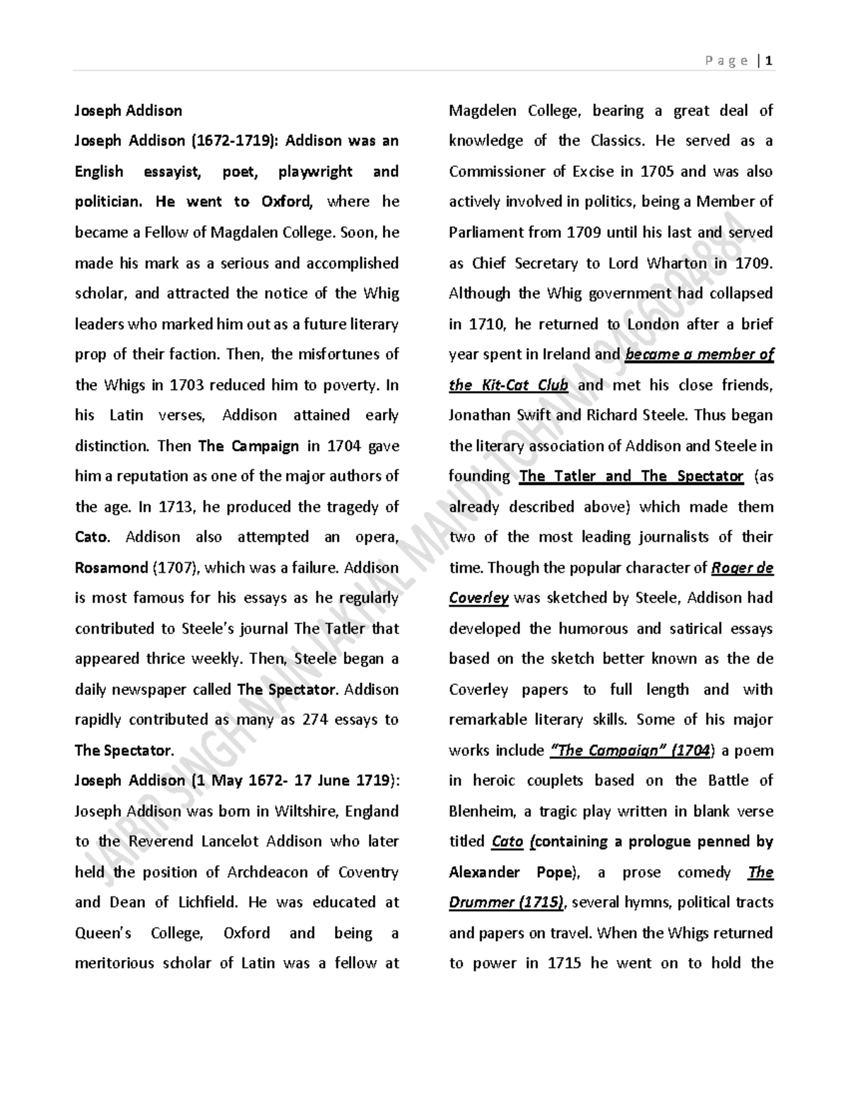 Joseph Addison Biography - P a g e | 1 Joseph Addison Joseph Addison ...