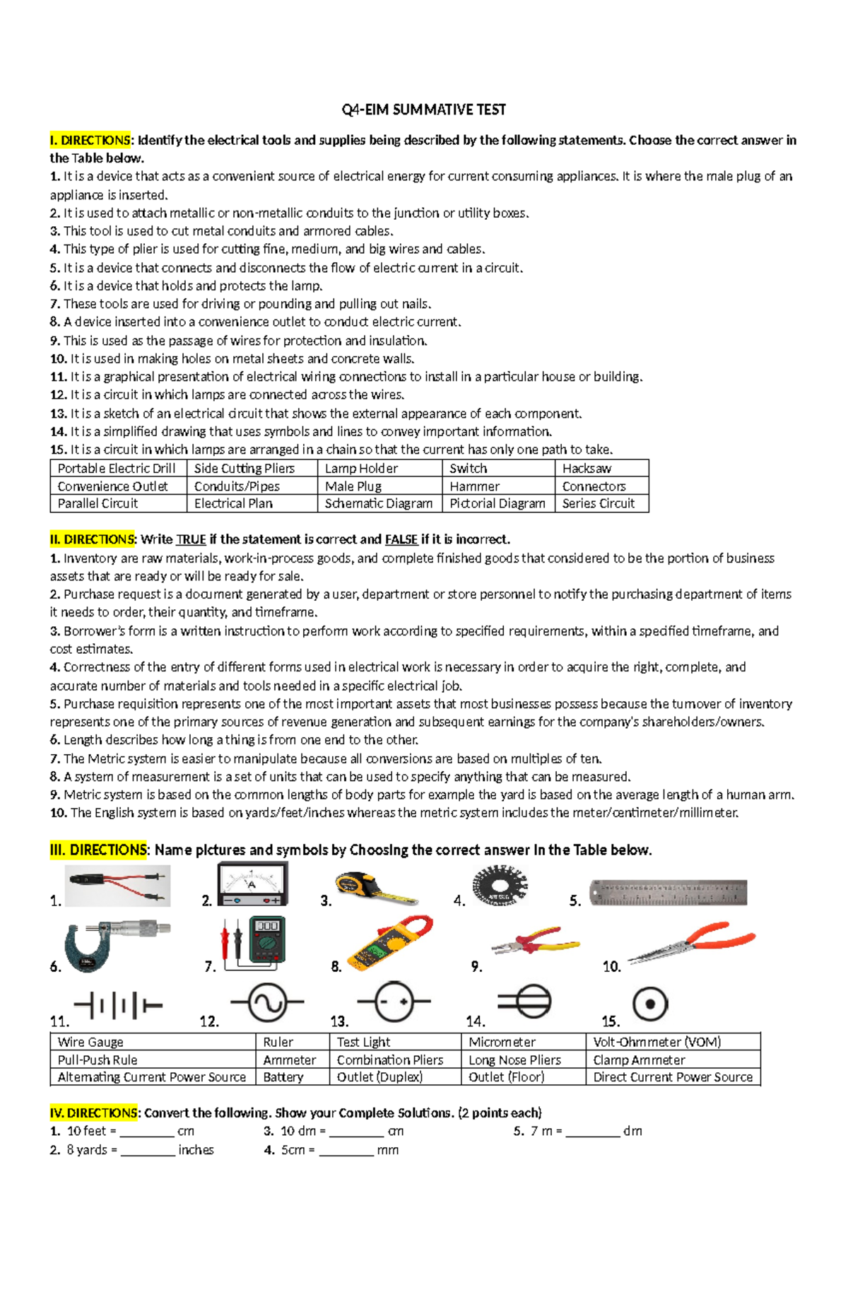 Q4 EIM Summative Test 2022 23 - Q4-EIM SUMMATIVE TEST I. DIRECTIONS ...