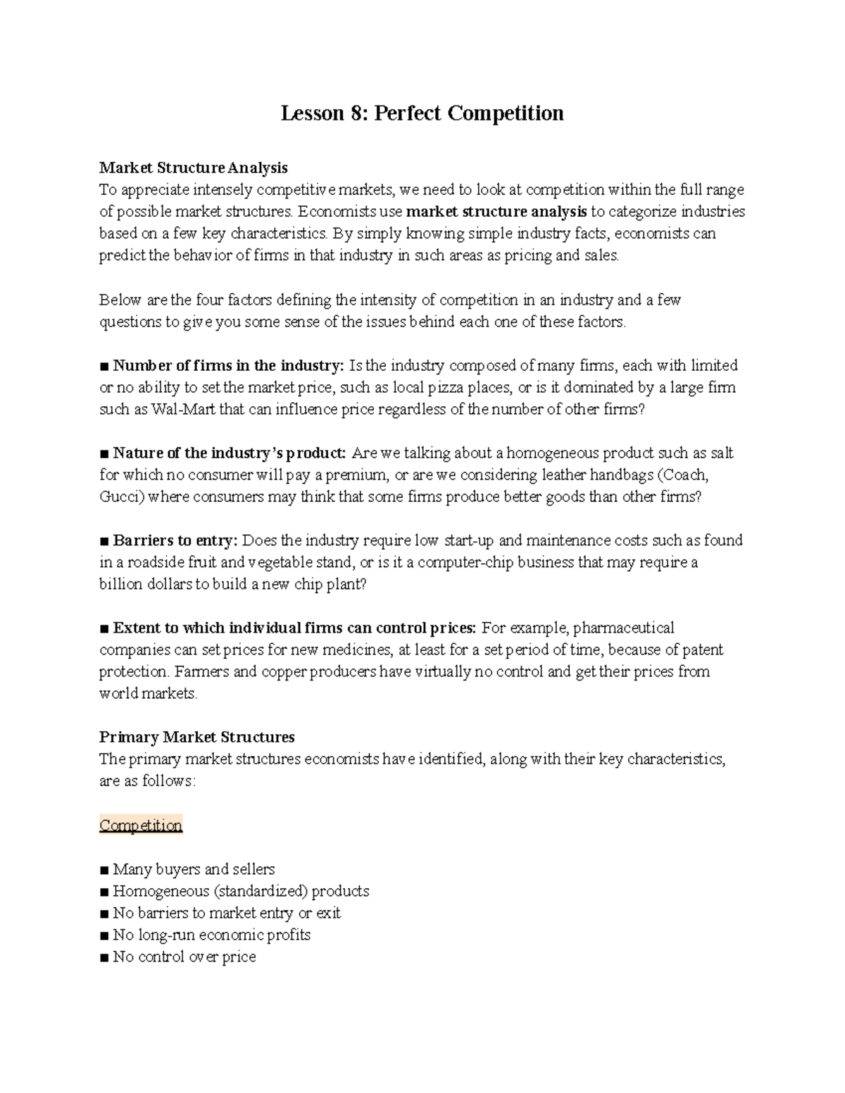 Lesson 8 Perfect Competition - Lesson 8: Perfect Competition Market ...