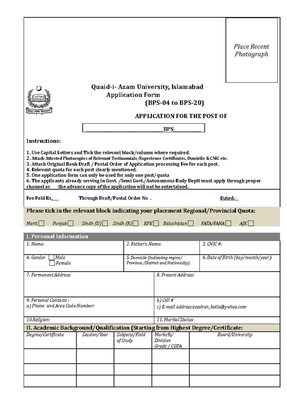Non-Teaching Form BPS-17&above - Place Recent Photograph Quaid-i- Azam ...