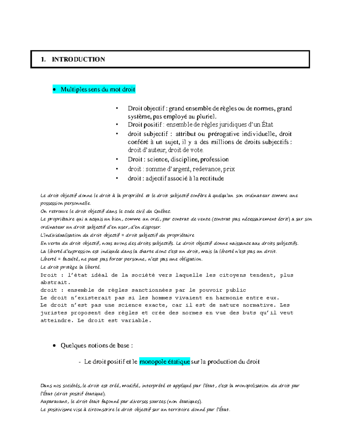 résumé complet du cours - 1. INTRODUCTION • Multiples sens du mot droit ...