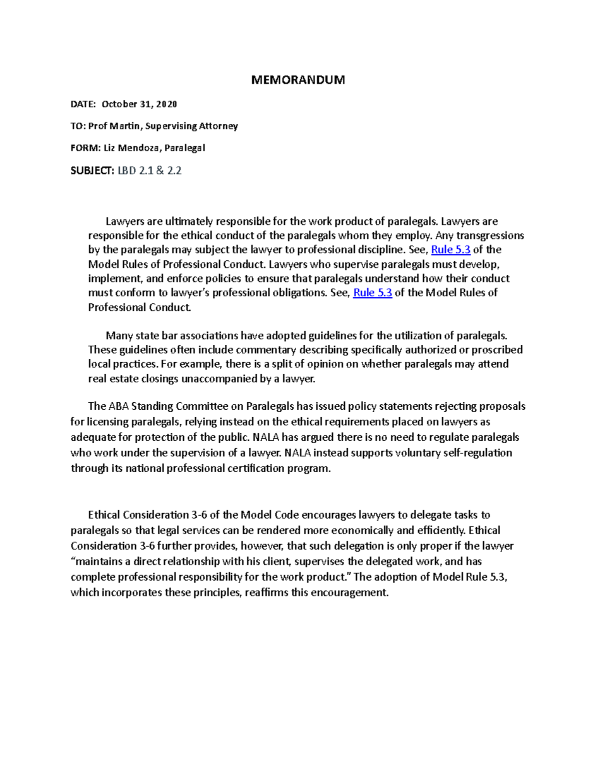 2-2 Memorandum - assignment - MEMORANDUM DATE: October 31, 2020 TO ...