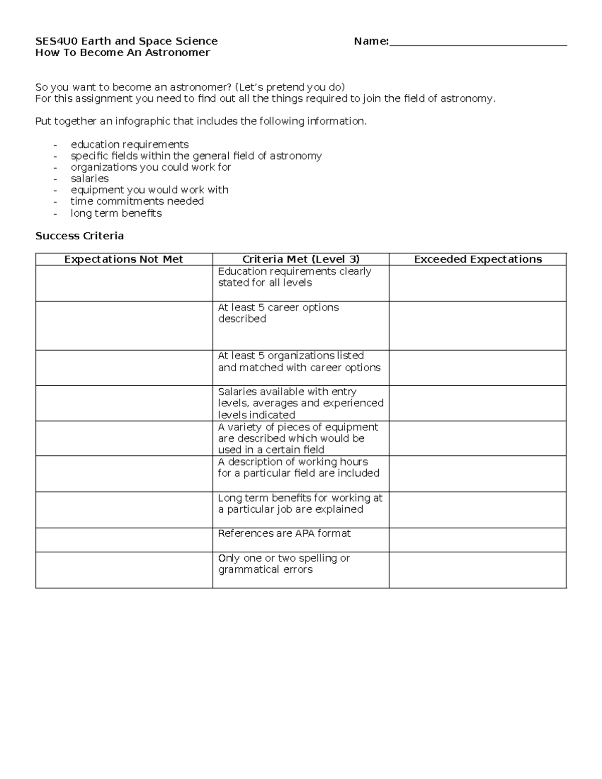 Astronomical Careers - SES4U0 Earth and Space Science Name: How To ...