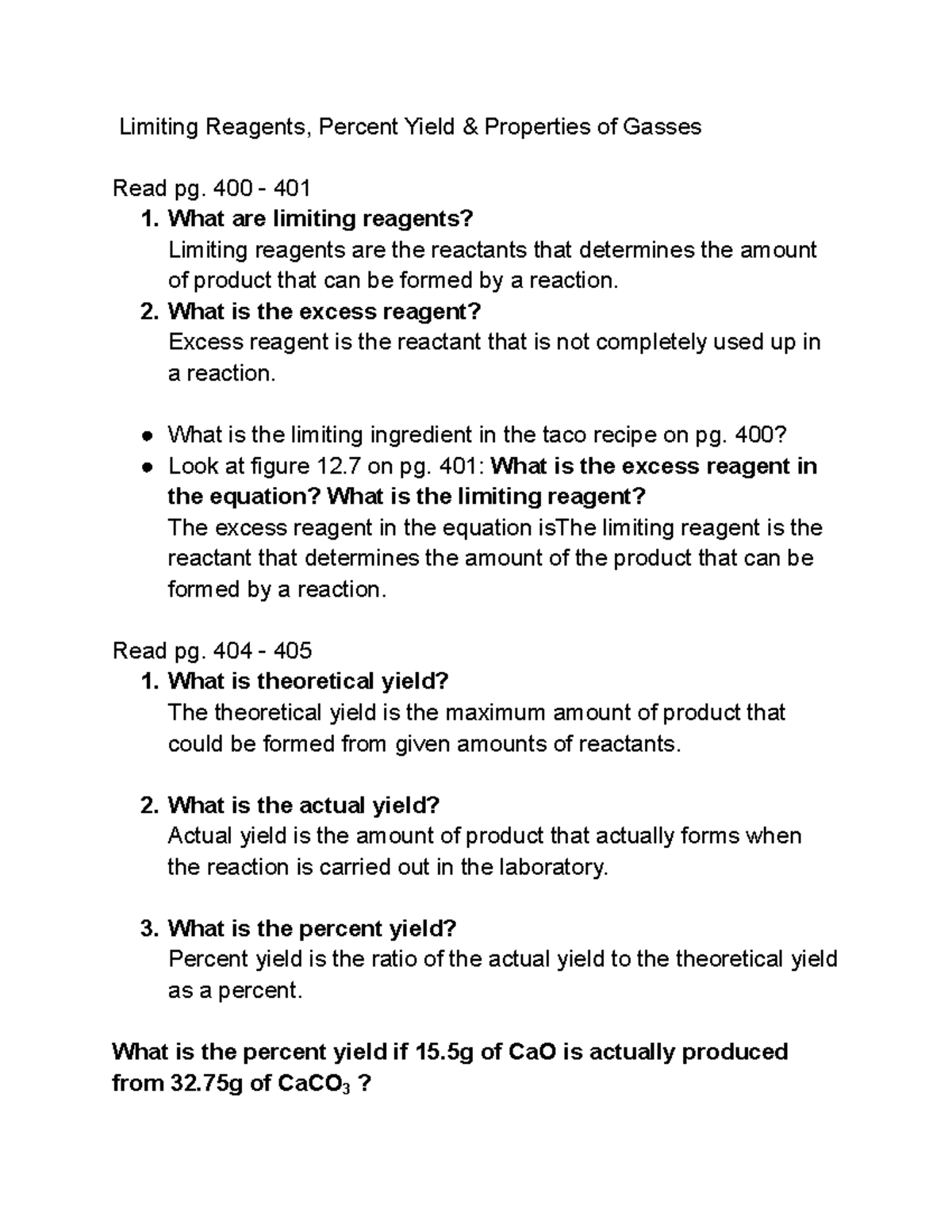 Limiting Reagents, Percent Yield, Properties of Gasses - Limiting ...