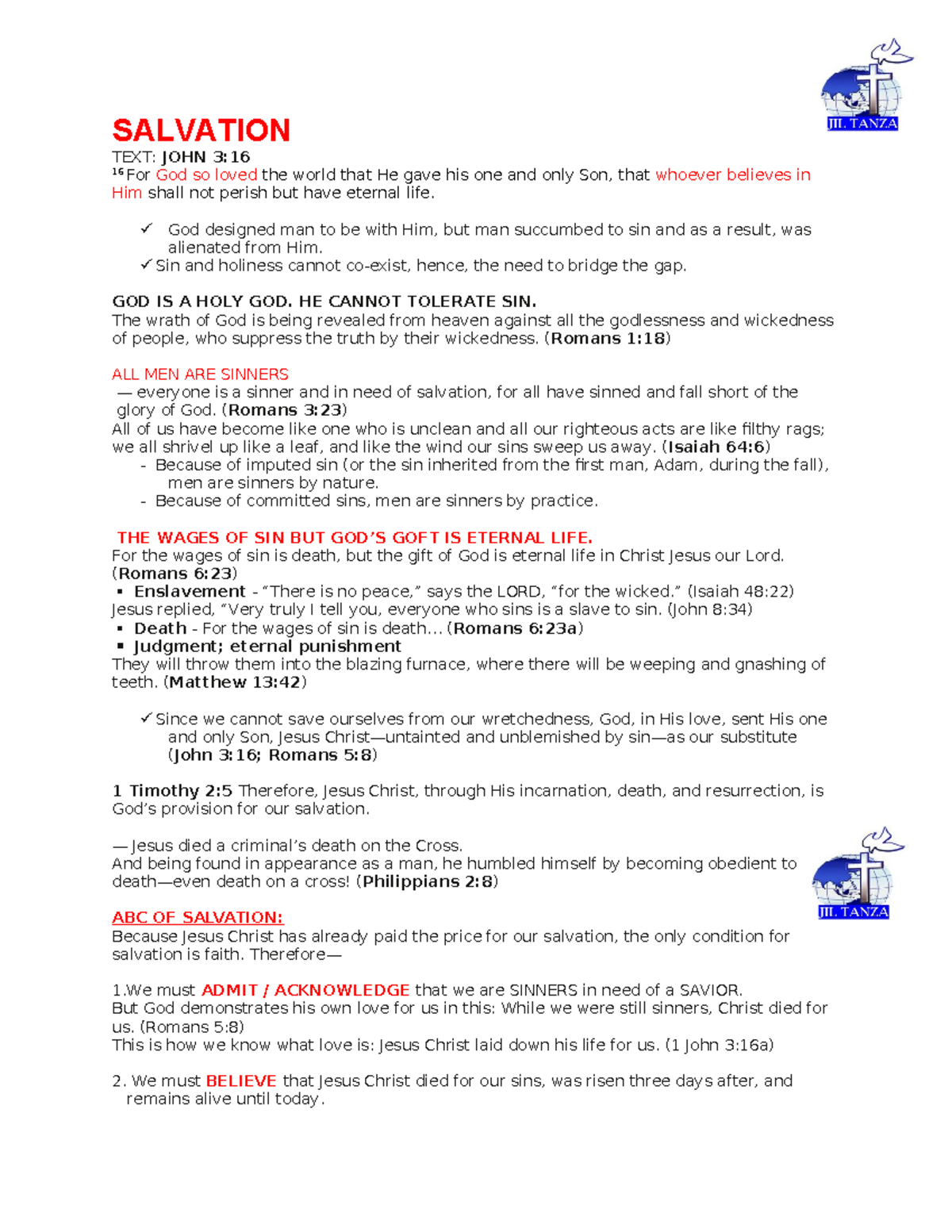 Salvation- Final - hshshshs - SALVATION TEXT: JOHN 3: 16 For God so ...