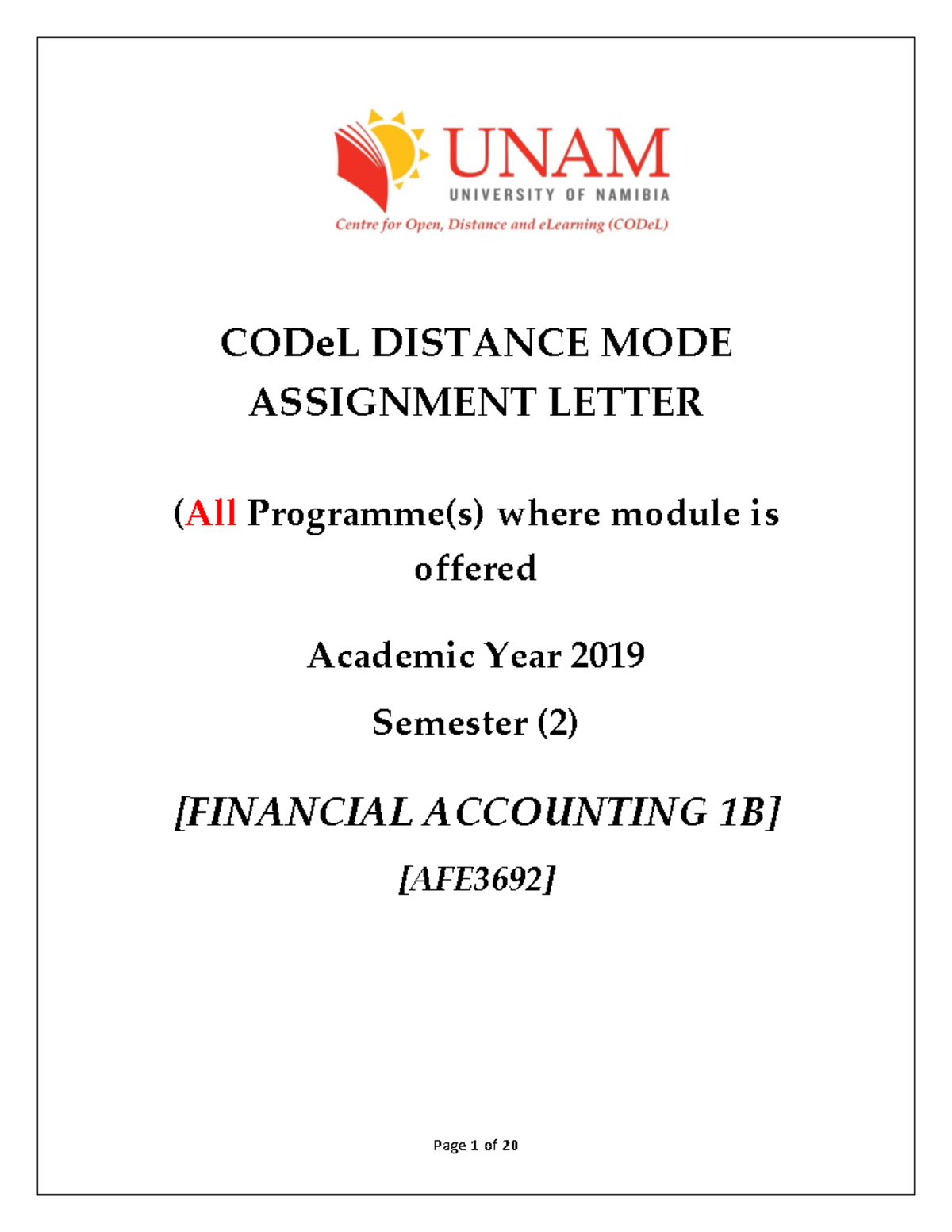 2019 Distance Assignments AFE3692 - Financial Accounting 1B - Warning: TT: undefined function ...