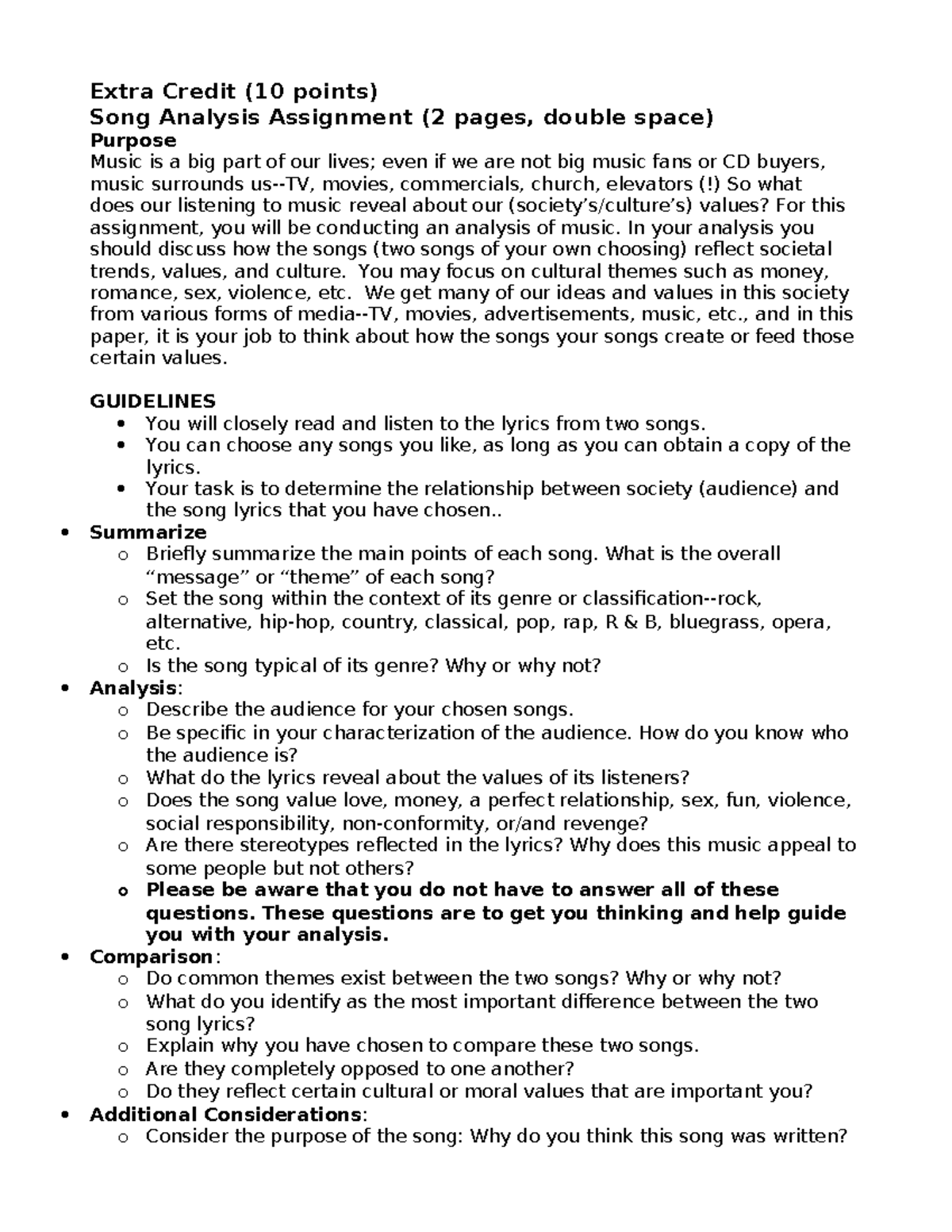 Sociology Song Analysis Assignment - Extra Credit (10 points) Song ...