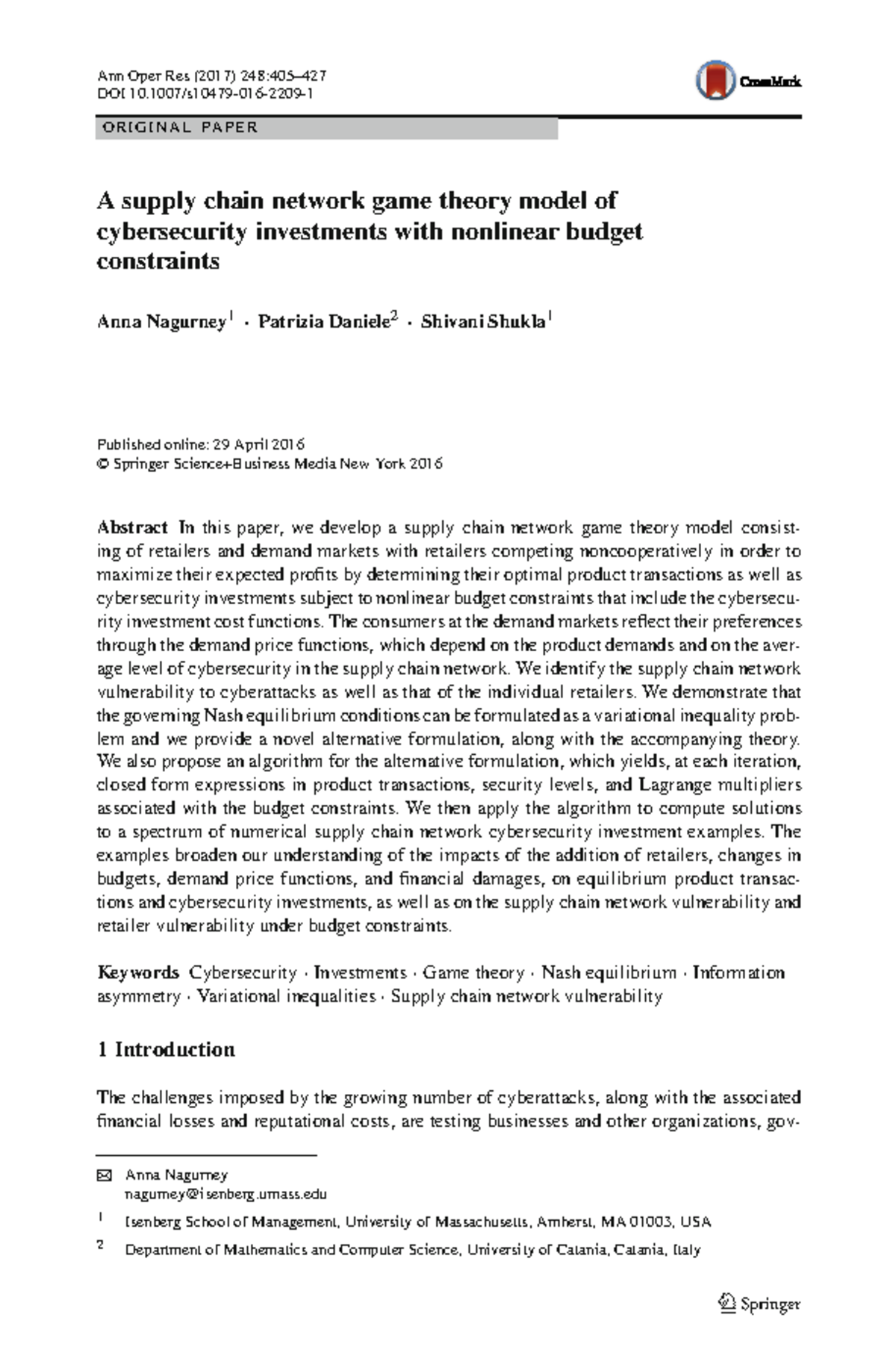 A supply chain network game theory model of - DOI 10/s10479-016-2209 ...