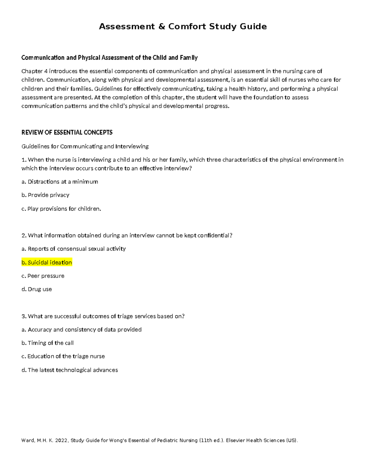 Quiz 1 study guide - Summary Pediatric Nursing - Assessment & Comfort ...