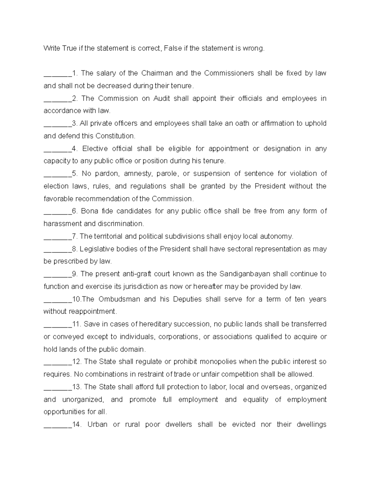 Articles 9 13 Questions AND Answers - Write True if the statement is ...