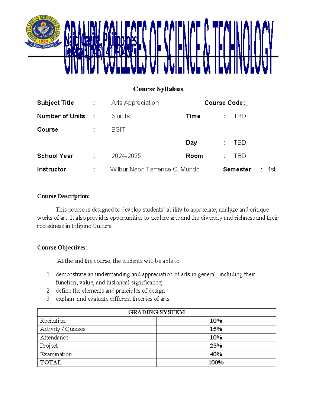 Course-Syllabus-Arts-Appreciation (NEON) - Course Syllabus Subject ...